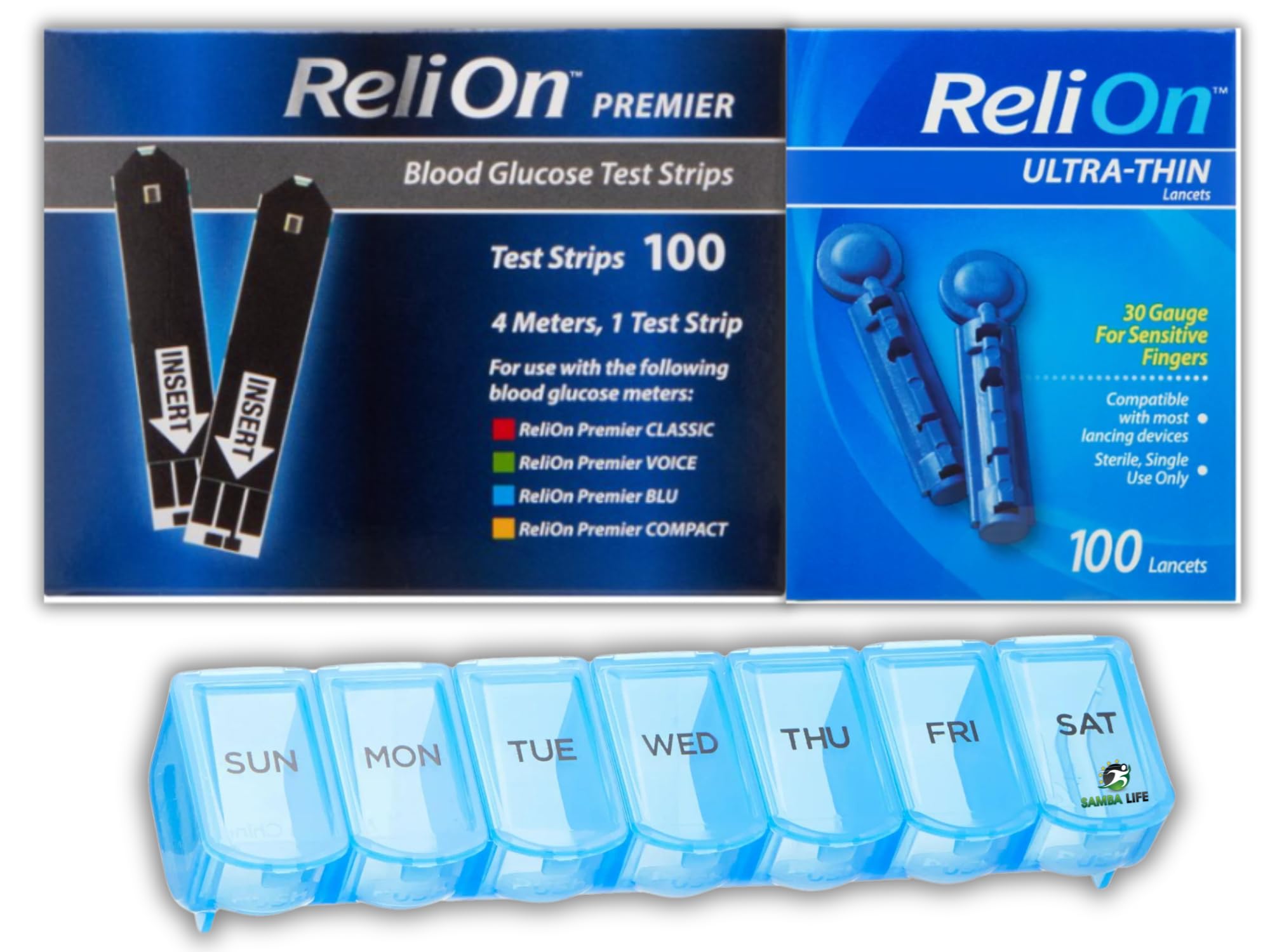 Relion Premier Test Strips 100 Count Bundled with ReliOn Ultra-Thin Blood Lancets, 100 Count and Pill Organizer by Samba Life