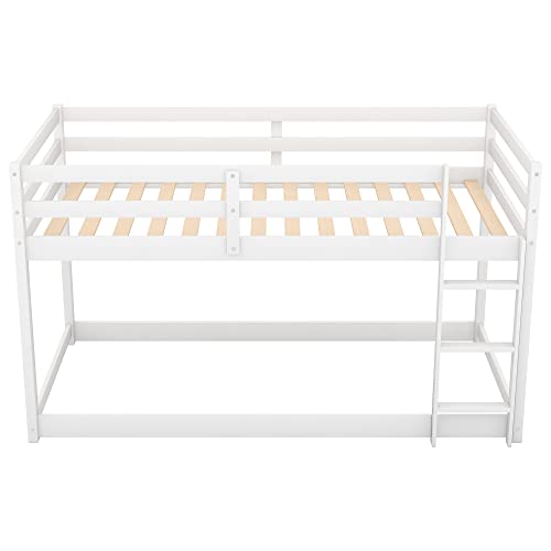 Twin Over Twin Mood Bunk Bed Frame with Safety Guard Rail and Ladder, Space-Saving, No Box Spring Needed, Noise Free (White)