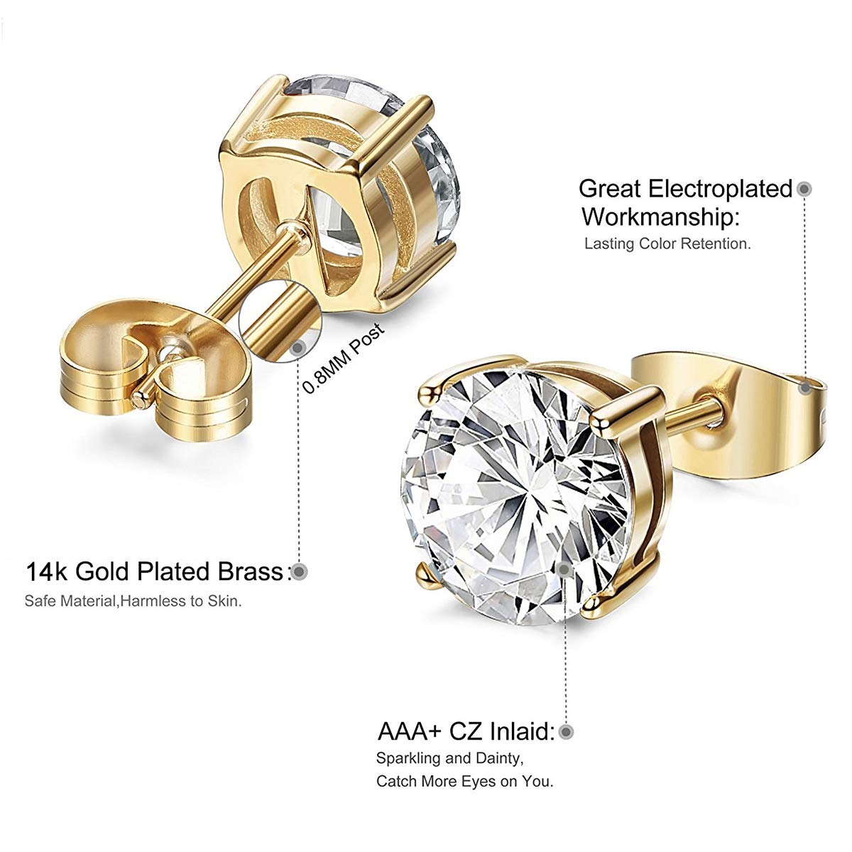 Kainier Women's 5 Pairs 14K Gold Plated CZ Stud Earrings Simulated Diamond Round Cubic Zirconia Hypoallergenic Ear Stud Set(5 Pairs)