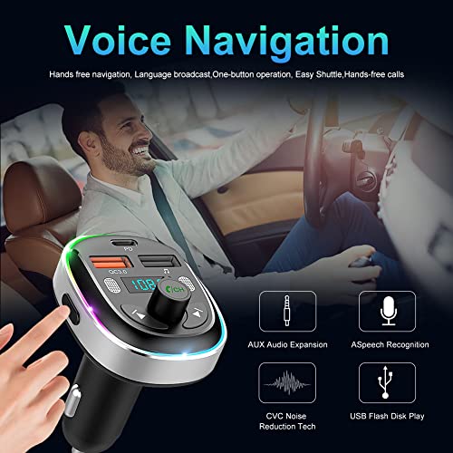 LUPATDY Bluetooth 5.3 FM Transmitter Car Adapter with Dual Mics and Noise Cancellation, 7Colors Light, HiFi Bass Sound, QC &PD Fast Charging AUX Car Bluetooth Wireless Stereo Audio