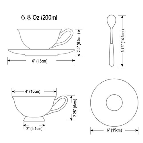 Panbado 3 Piece Bone China Tea Cup Saucer Set with Spoon Porcelain Gold Rimmed Teacup Coffee, Flower and Birds, 200 mL/6.8 oz, Blue Cup & Saucer, Dark