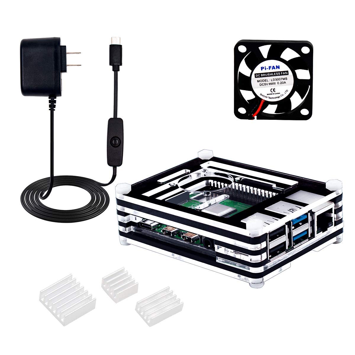 LAFVIN Raspberry Pi 4 Case with Fan,5V 3A USB-C Power Supply with On/Off Switch,3pcs Heat-Sinks,for Raspberry Pi 4 Model B