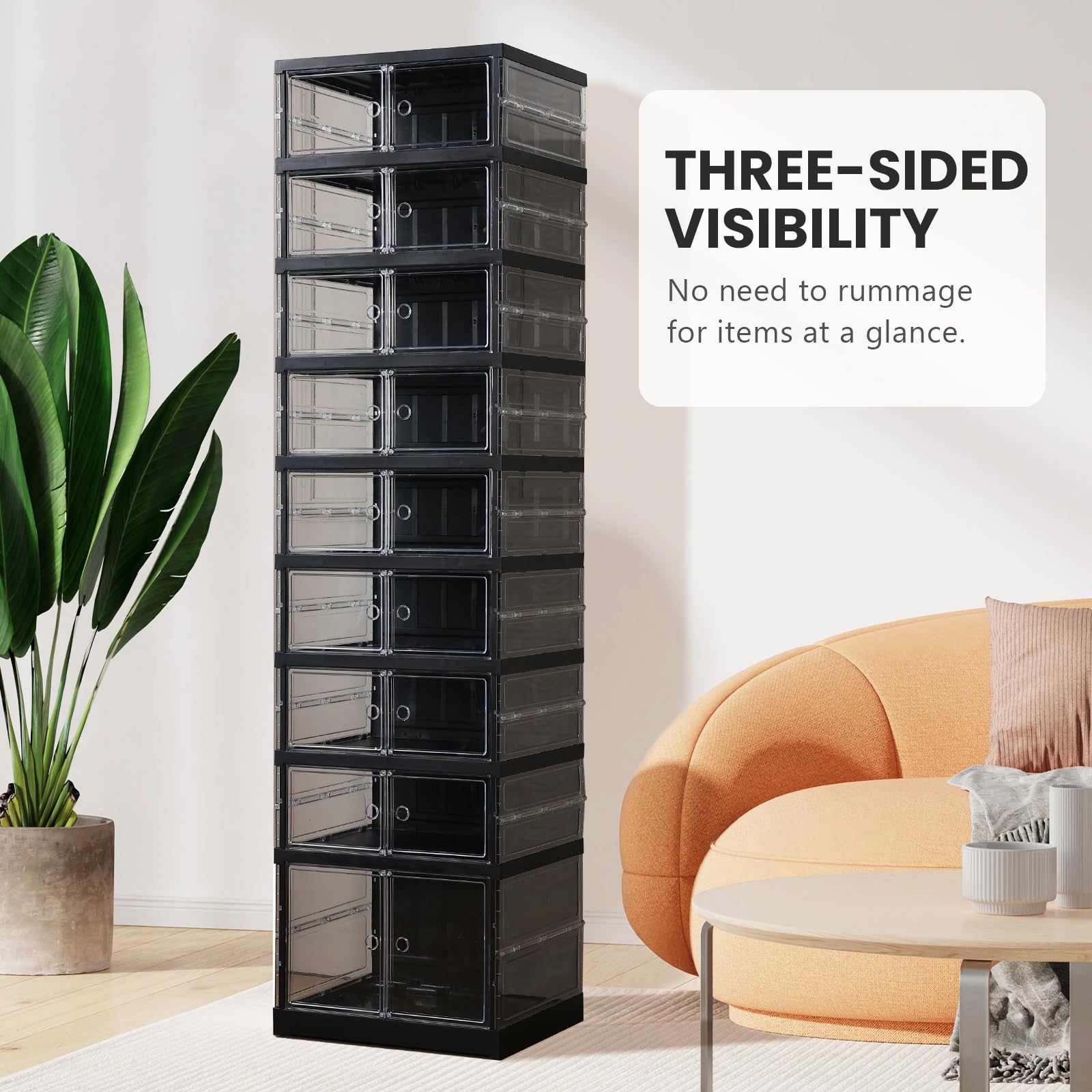 SYNCVIBE Foldable Shoe Organizer with doors 9 Tier 18 Pairs Folding Shoe Rack, Transparent Shoe Storage Shelf for Closet, Stackable Sneaker Shoes Storage Boxes, Large Shoe Storage Cabinet