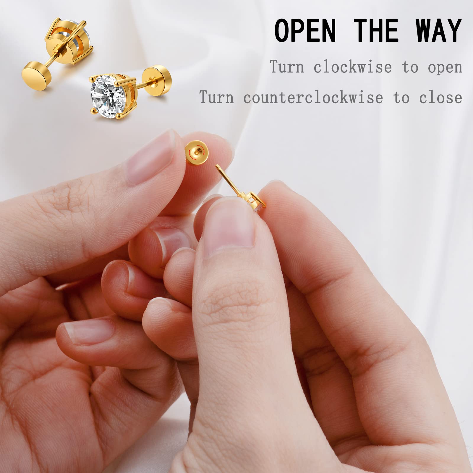 Kainier Women's 5 Pairs 14K Gold Plated CZ Stud Earrings Flat Back Earrings Simulated Diamond Round Surgical Steel Cubic Zirconia Hypoallergenic Flat Back Ear Stud Set(5 Pairs)