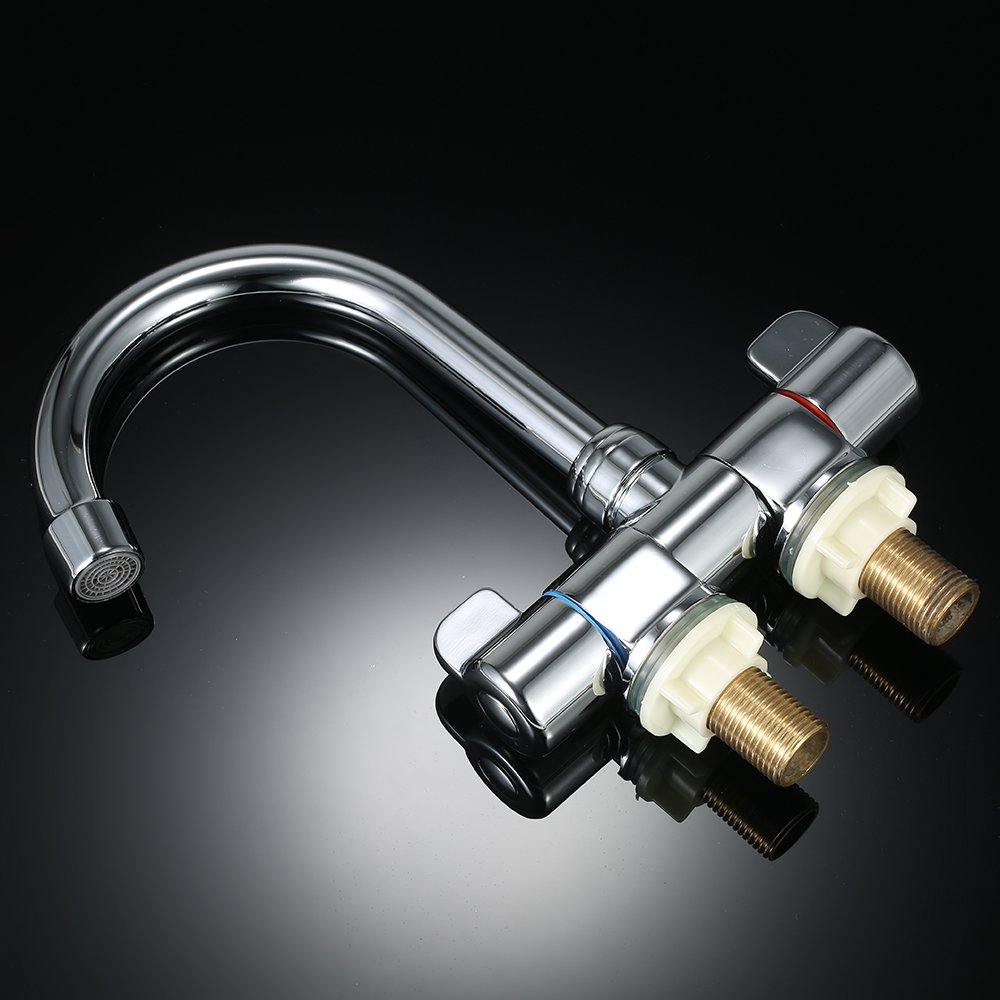 Kitchen Faucet,Wall/Deck Mounted RV Faucet Rotating,Stainless Steel Two Handle Deck/Wall Mounted RV Kitchen Faucet Hot and Cold Water Mixer Tap for Motorhome Travel Trailer
