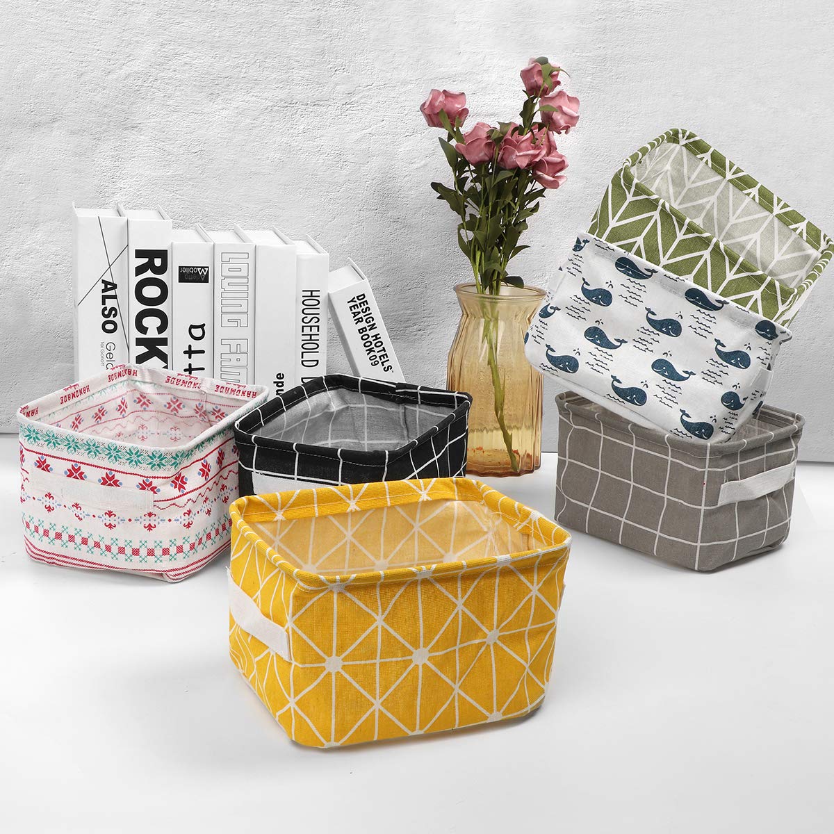 Leaf&cici-Mini Storage Box， Collapsible Canvas Storage Basket, Square Mini Basket, for Storing Cosmetics, Baby Toys, Keys, Books, Office Supplies, etc（6 Pack ）