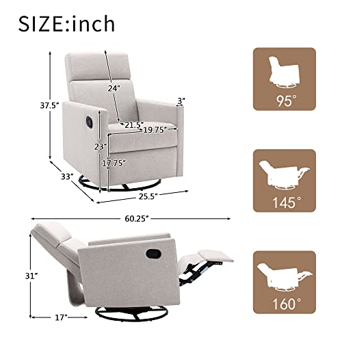 LUMISOL Modern Swivel Glider Rocker Recliner, Manual Recliner Gliders for Nursery, Upholstered Glider Reclining Chair with Tall Back for Living Room, Bedroom, Tan