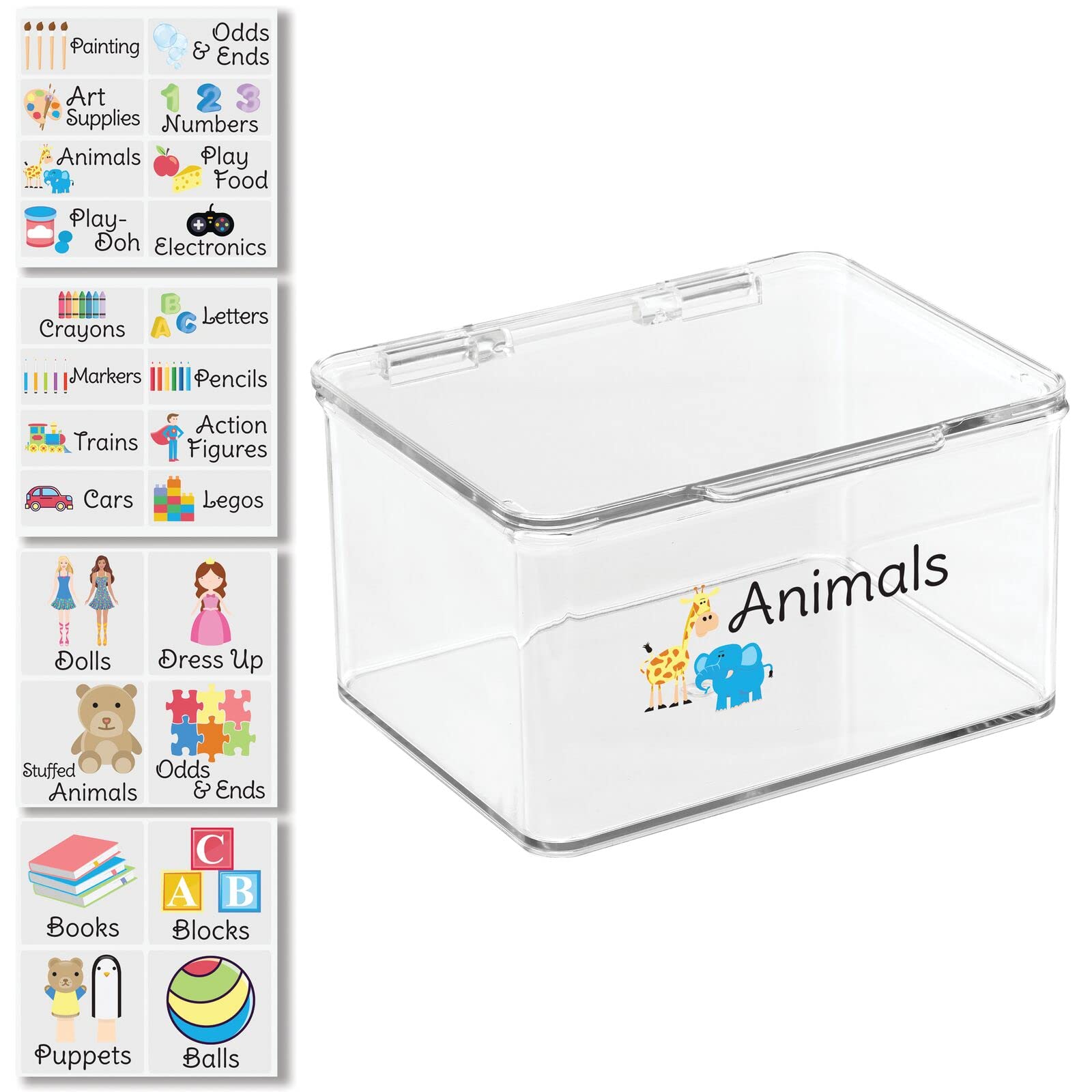 mDesign Plastic Stackable Storage Organizer Toy Box with Hinged Lid for Action Figures, Crayons, Markers, Building Blocks, Puzzles, Craft or School Supplies - Includes 32 Labels - Clear