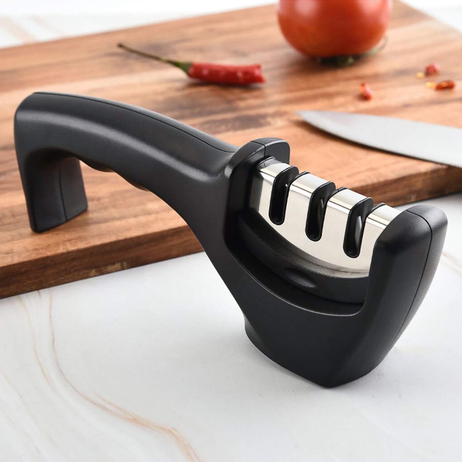 Kitchen Knife Sharpener, Yeebline Easy Manual Knife Sharpening with Professional Kitchen Chef 3 Slot Design to Restore Your Dull Knife for A Sharp Edge (Black)