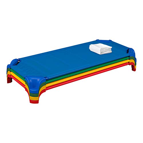 Sprogs Deluxe Heavy-Duty Childrens Standard 52" L Stackable Daycare Cot with Easy Lift Corners Cots & American Baby Company 100% Natural Cotton Percale Standard Daycare/Pre-School Cot Sheet, Blue