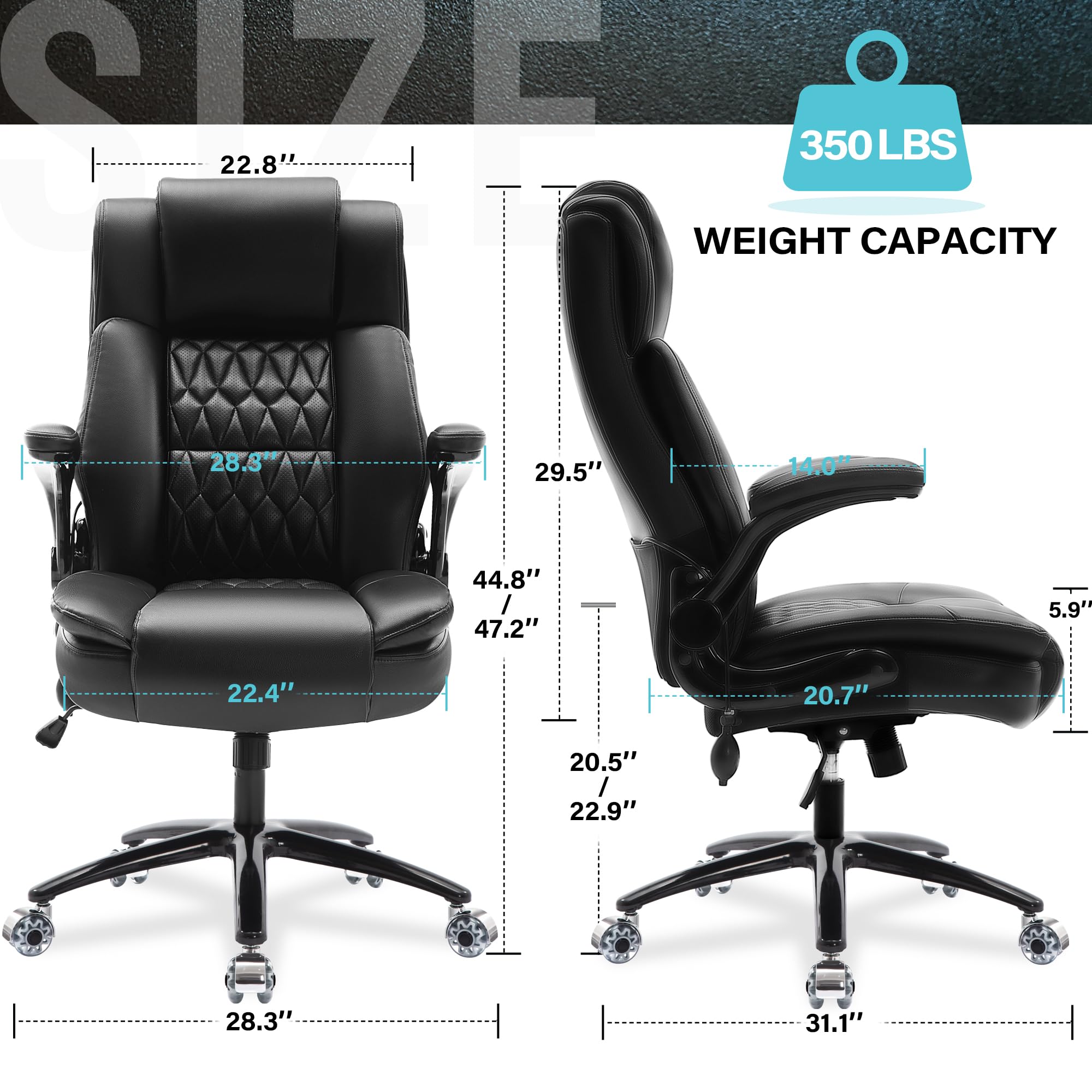 Large High Back Office Chair - Adjustable Lumbar Support Flip Up Arms Heavy Duty Quiet Wheels Metal Base Breathable Bonded Leather Ergonomic Executive Computer Desk Chair with Storage Bags, Black