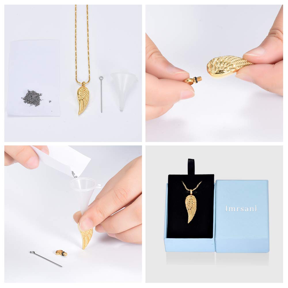 Imrsanl Angel Wings Cremation Jewelry for Ashes Pendant Stainless Steel Keepsake Memorial Urn Necklace for Human/Pets (Gold)