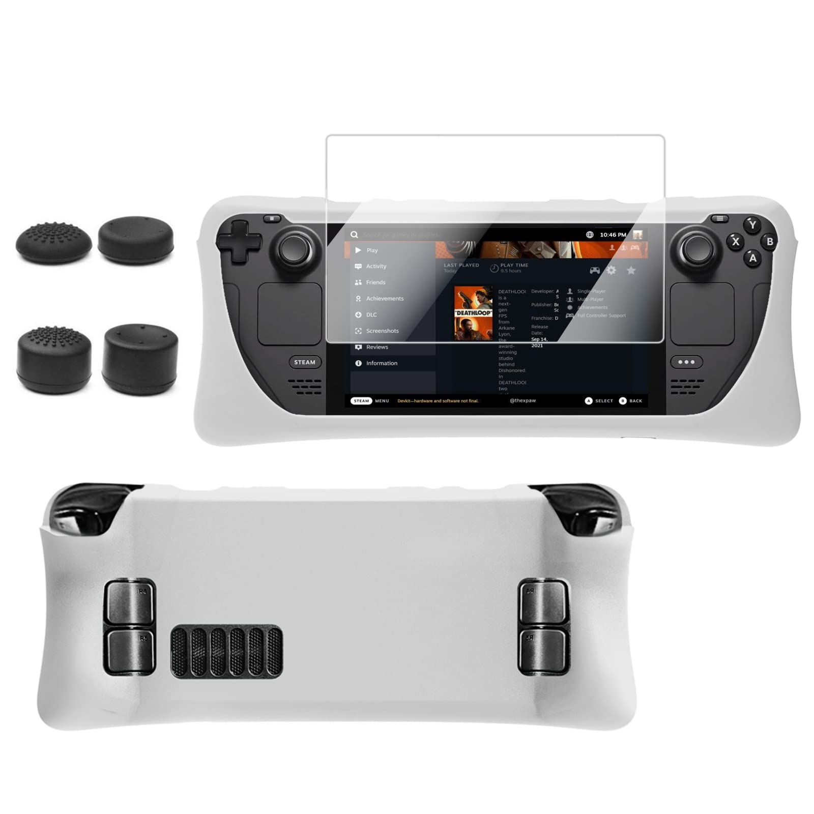 OFFCURVE Case for Steam Deck, Silicone Cover Case with Screen Protector & 2 Pairs Thumb Grips for Vavle Steam Deck Skin Shock-Absorption, Non-Slip and Anti-Scratch Design Steam Deck Accessories, White