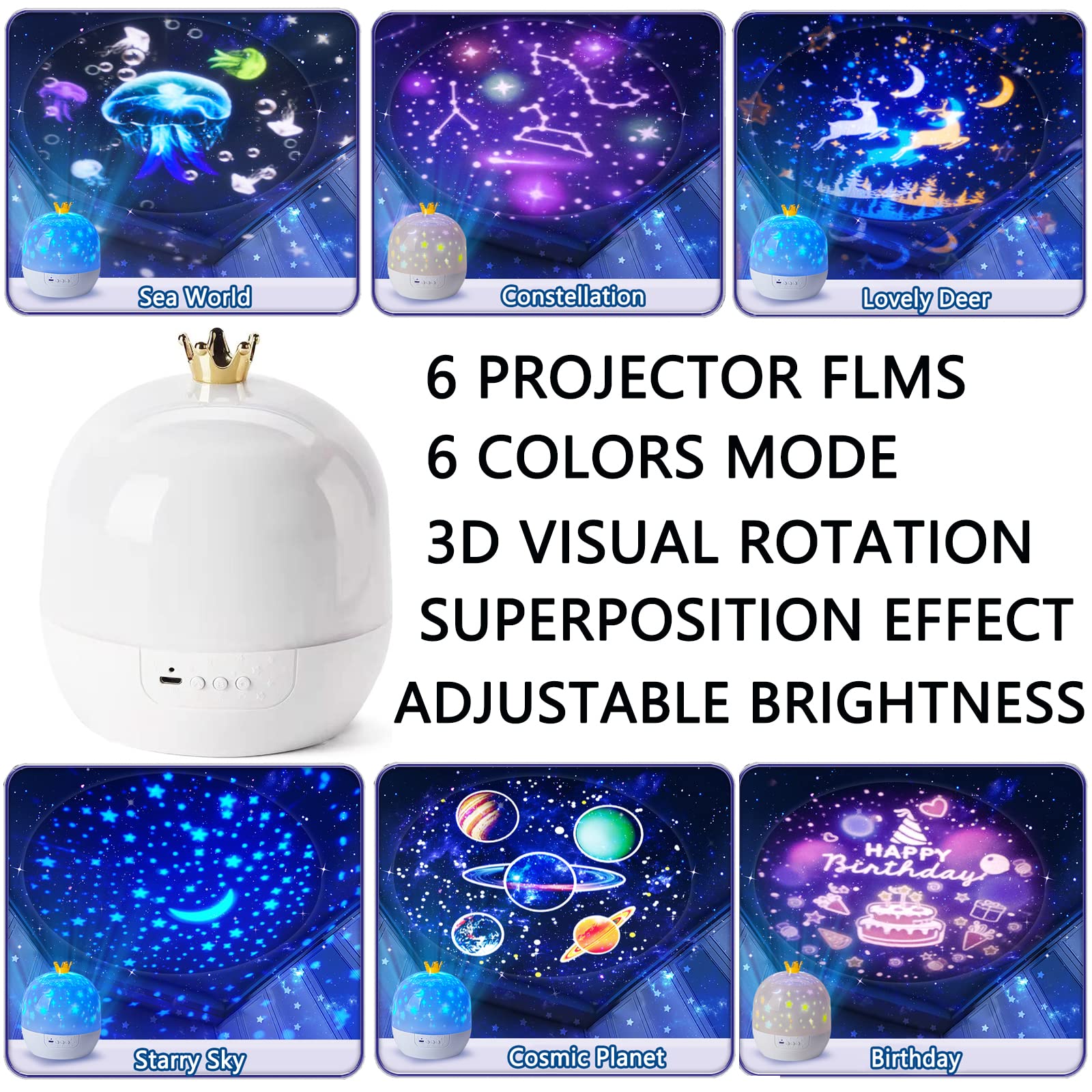 Star Projector Night Light for Kids, 2 in 1 Projector and Night Light for Kids Room,360° Rotation Ocean Galaxy Projector for Children Baby Nursery Toys Birthday (6 Films