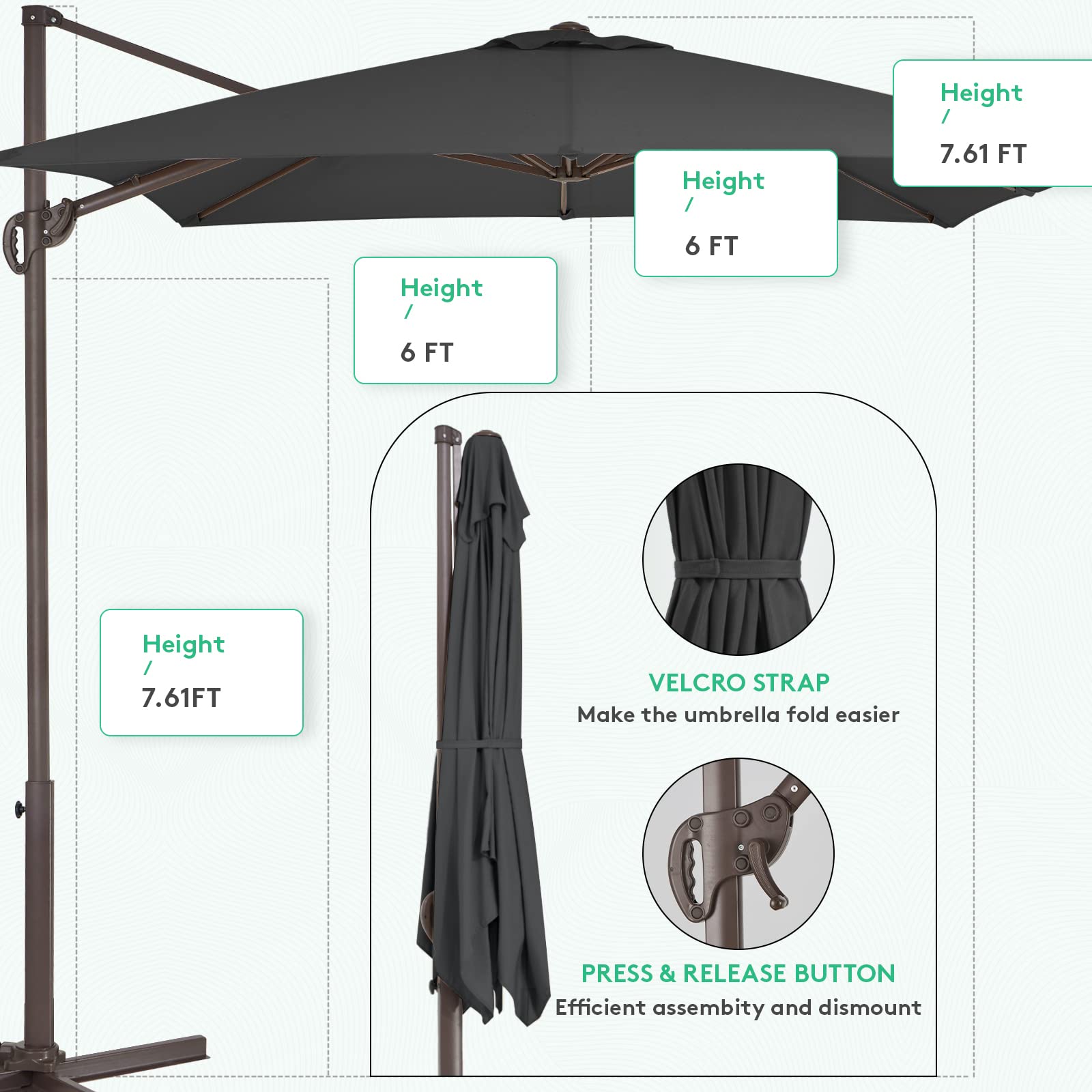 JEAREY 8.2FTx8.2FT Square Cantilever Patio Umbrella Roating Outdoor Offset Umbrella Heavy Duty Sun Umbrella, Grey