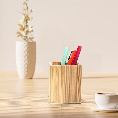ZUFECY DIY Wooden Pen Holder Desk, Pencil Cup Makeup Brush Holder, Desktop Organizer Storage Case Stationery for School Home Office Supplies (Square)
