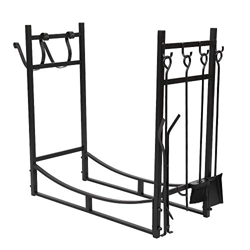 Outvita 30 Inch Firewood Rack with 4 Tools, Heavy Duty Iron Fireplace Wood Log Storage with Removable Kindling Holder for Indoor Outdoor Use Black