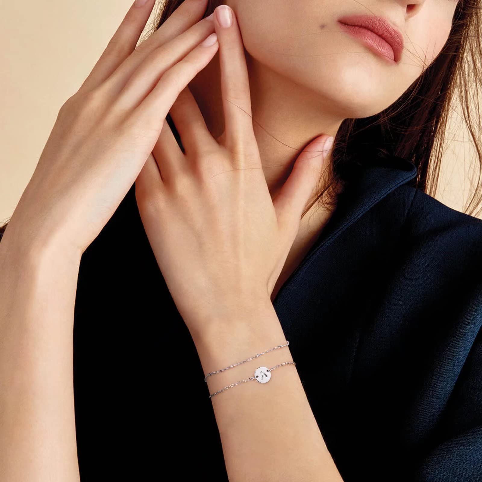 MONOZO 14K White Gold Filled Letter Initial Bracelet, Silver, for Women and Teen Girls