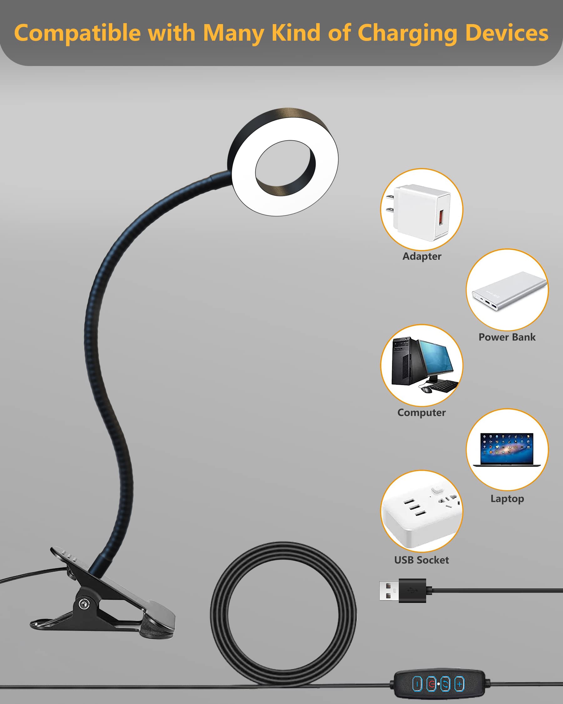 KOTUDAY Clip on Desk Lamp with Clamp for Reading Home Office, 360° Ajustable Clip Light for Bed Headboard, Bedside or Desk with 10 Dimmable Brightness 3 Eye-Care Color Modes