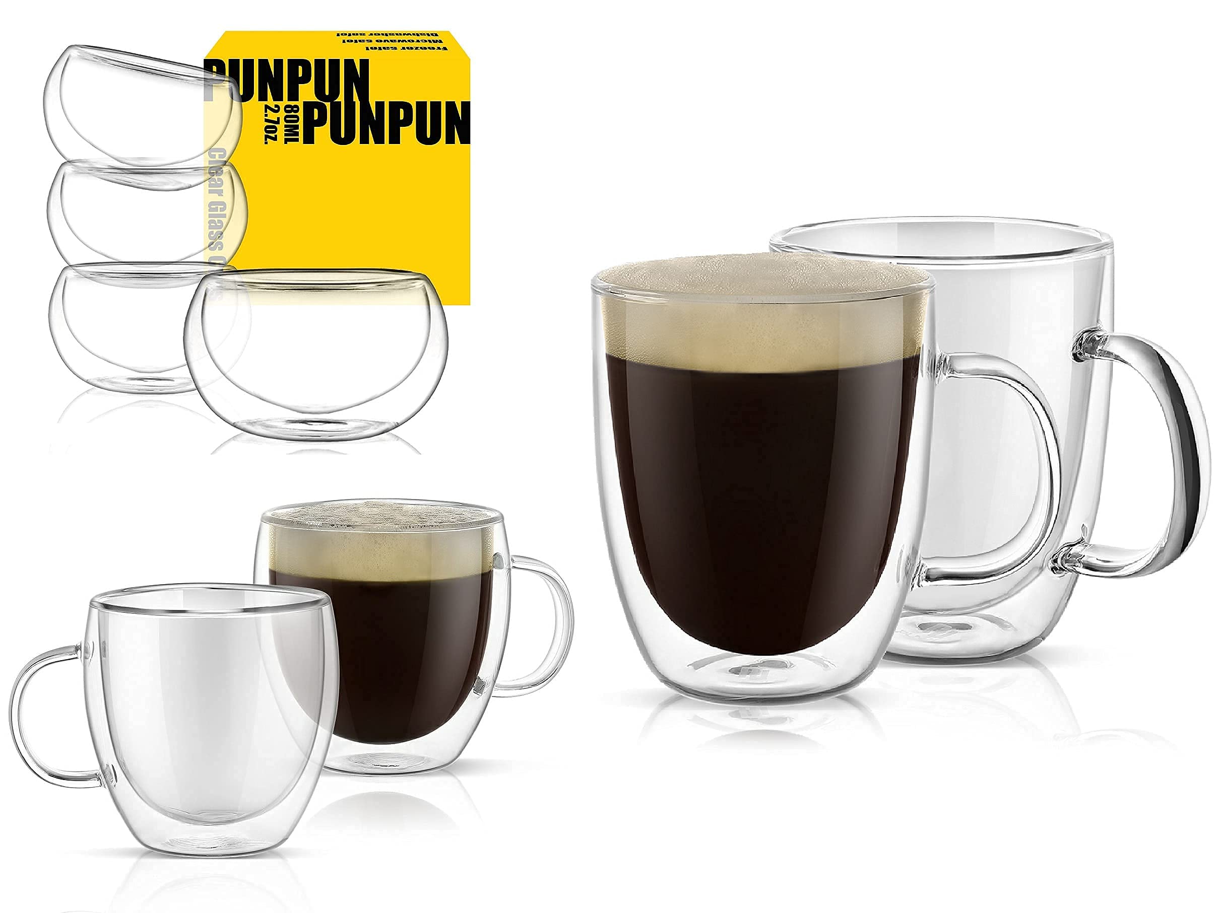 PunPun Bundle: 17oz Large Clear Coffee Mugs (Set of 2) & 8.5oz Shot Glass Coffee Cups (Set of 2) & 2.7oz Tea Cups (Set of 4) Double Wall Designed Glass Cups