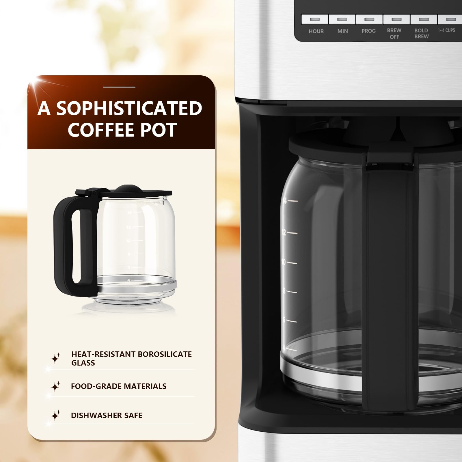 Xbeauty Coffee Maker, Drip Coffee Machine, 14-Cup Glass Carafe, Programmable, Delay Brew, Keep Warm, with Touch Screen, Stainless Steel,Silver
