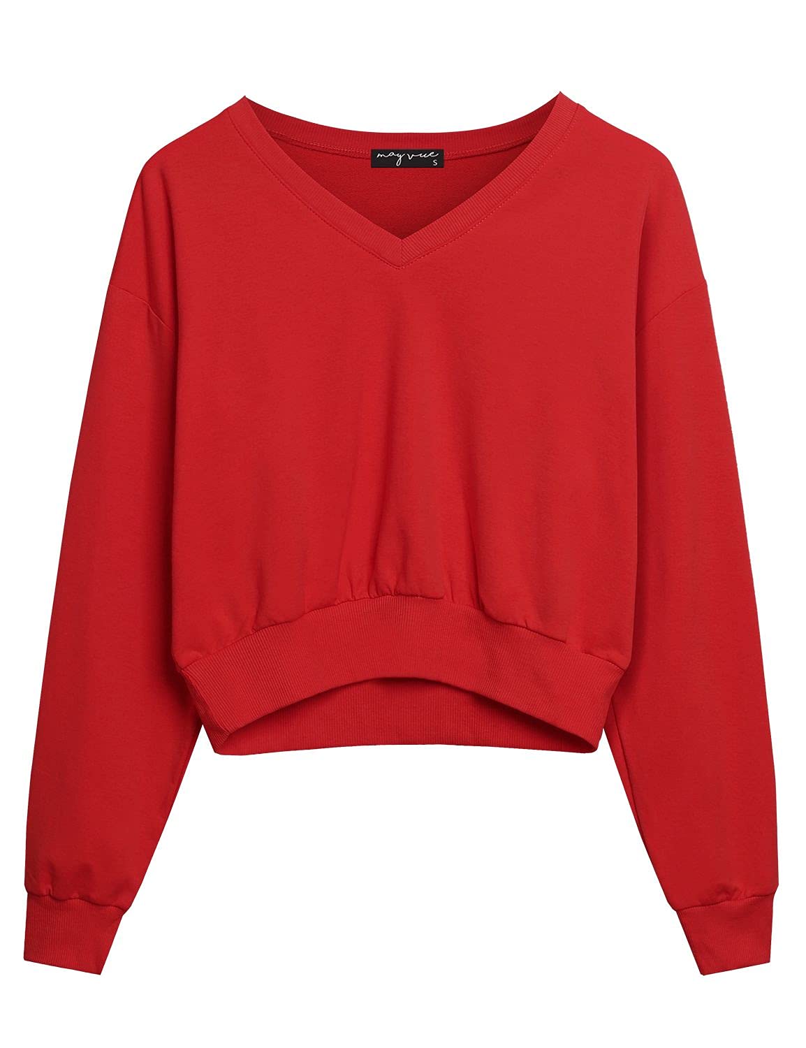 MAY VUE Women's V-neck Dolman Long Sleeve French Terry Cropped Length Top Red Large