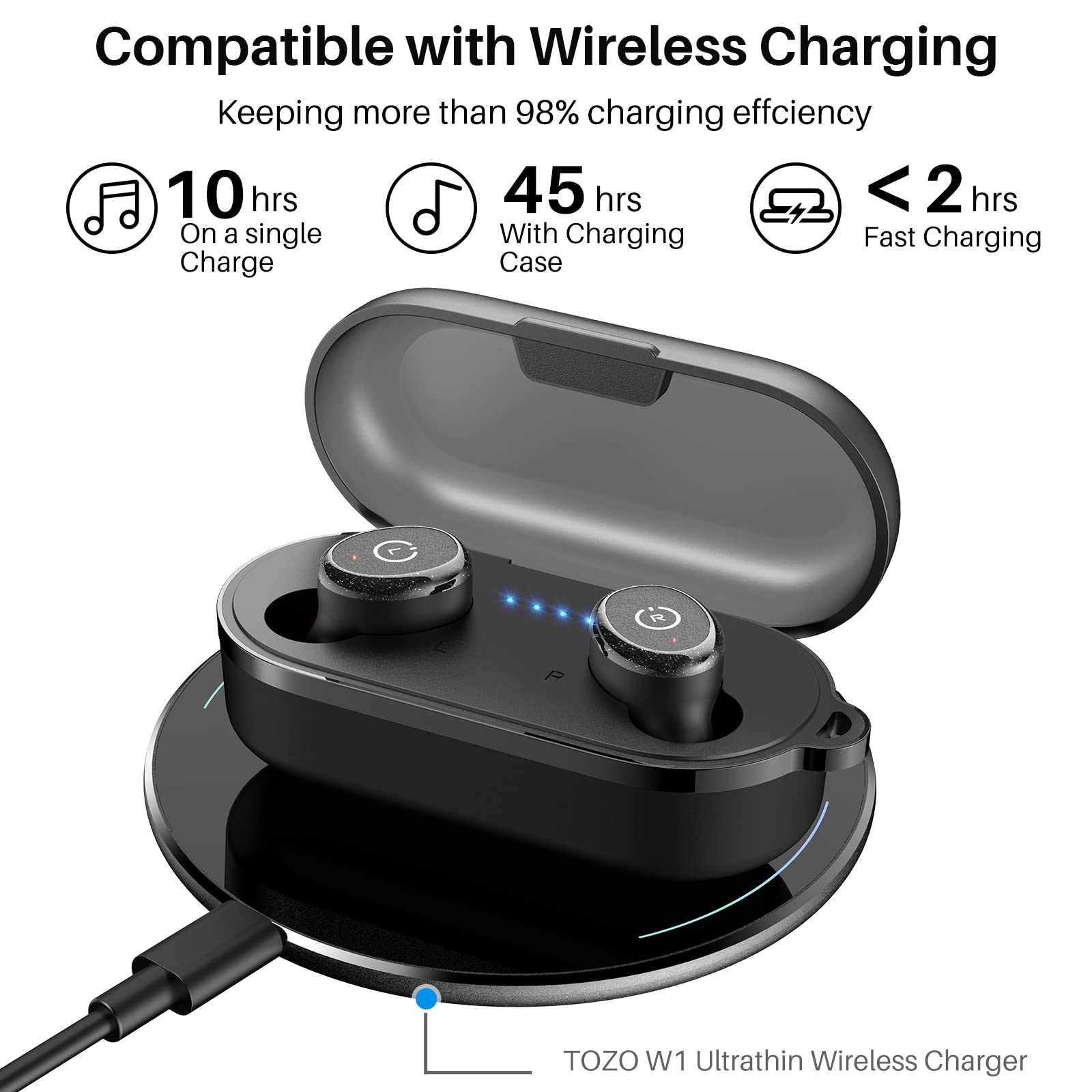 TOZO T10 Bluetooth 5.3 Wireless Earbuds Black S2 44mm 2023 Smart Watch Alexa Built-in Fitness Tracker Black