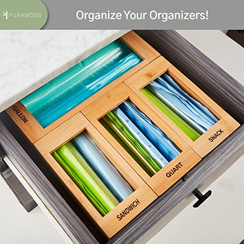 Purawood Ziplock Bag Storage Organizer - Natural Bamboo Organizer to Declutter Your Kitchen β Easy & Efficient Ziplock Bag Organizer - Baggie Holder Compatible with all Brands (4-Pack)