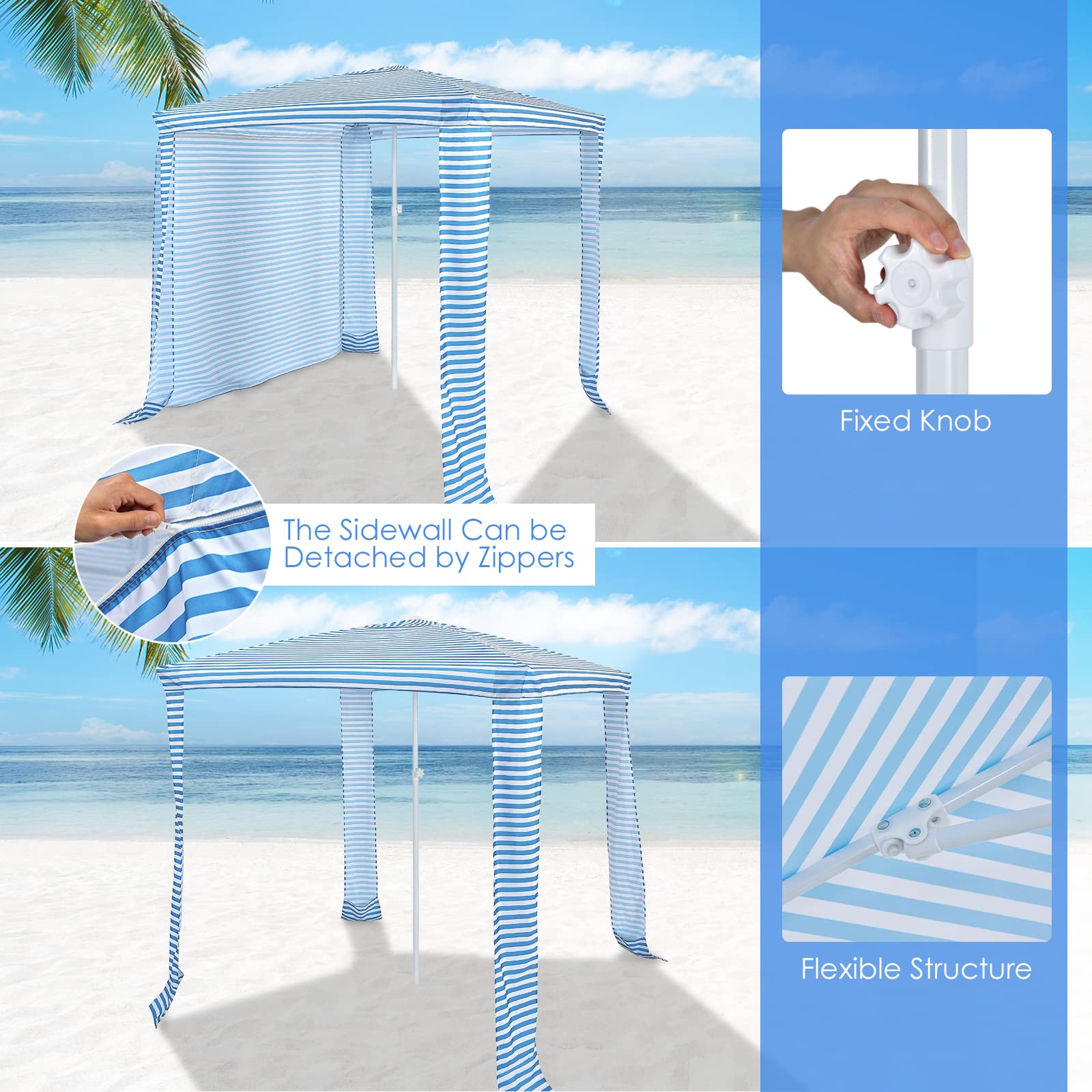 MIDDOW Beach Cabana, 6.7โ x 6.8โ Easy to Set up Beach Tent w/ Adjustable Height, Detachable Sidewall, Carry Bag, 4 Sandbags, NP10352BL Sun Shelter