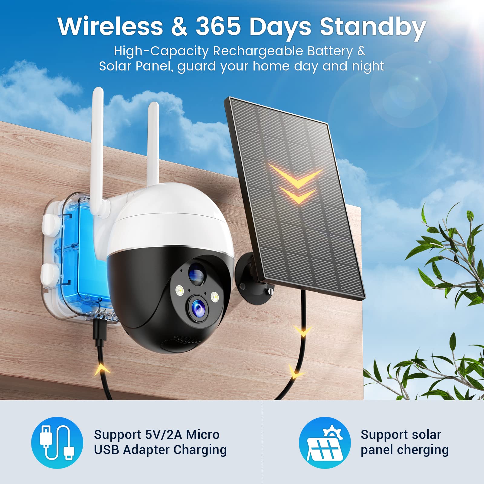 Solar Security Camera Outdoor, 2K Color Night Vision, 2.4Ghz WiFi 360° PTZ Camera, Battery Powered Camera for Home Security, PIR Human Detect with Spotlight, 2-Way Talk, IP66, SD/Cloud