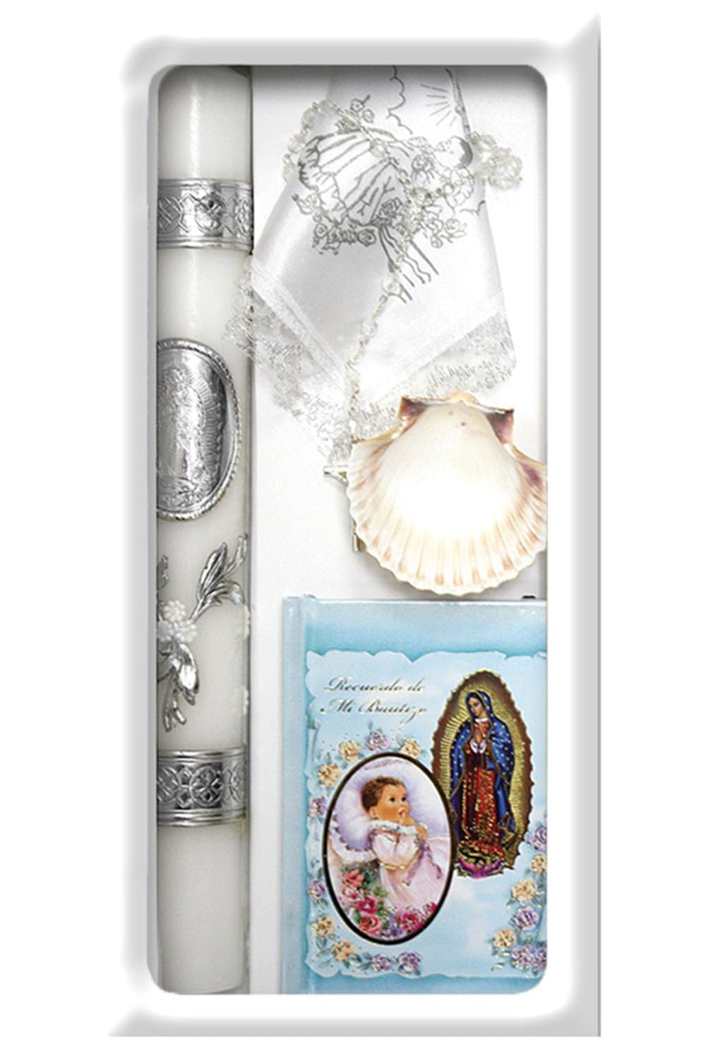 Lito Baptism Candle Set Kit for Christenings with Shell and Favors - Spanish - Silver