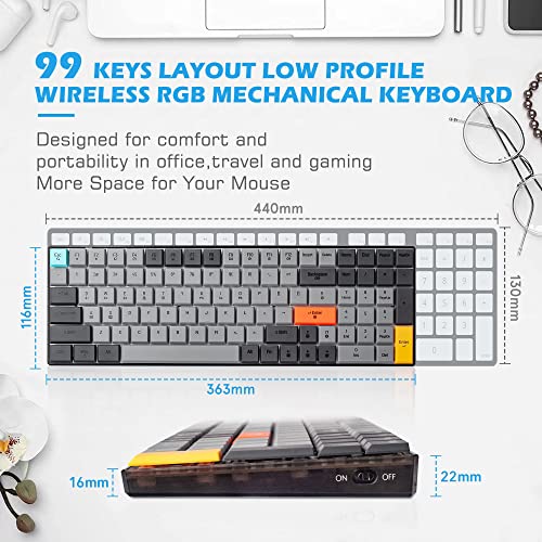 Odycle Low Profile Mechanical Keyboard, 99 Keys Triple-Mode 2.4G/USB-C/Bluetooth Wireless Mechanical Keyboard with RGB Backlit, Compatible with Windows and Mac OS Systems, Blue Switch,Black