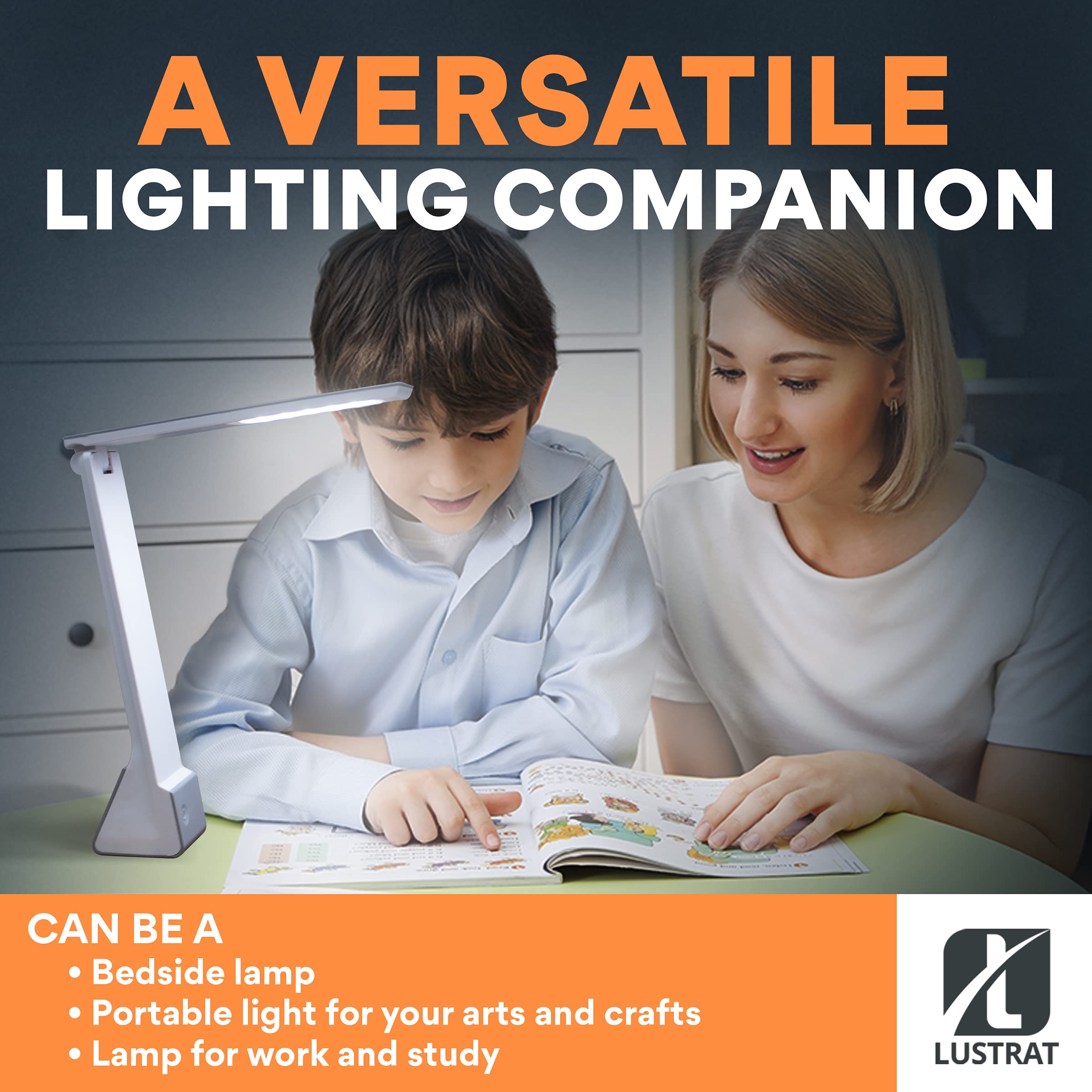 Lustrat LED Desk Lamp - Minimalistic Office Desk Lamp - Rechargeable Lamp with Bed, Study, and Work Desk Light Modes - Portable Table Desk Lamp for Back to School and Work from Home Set-up - Silver