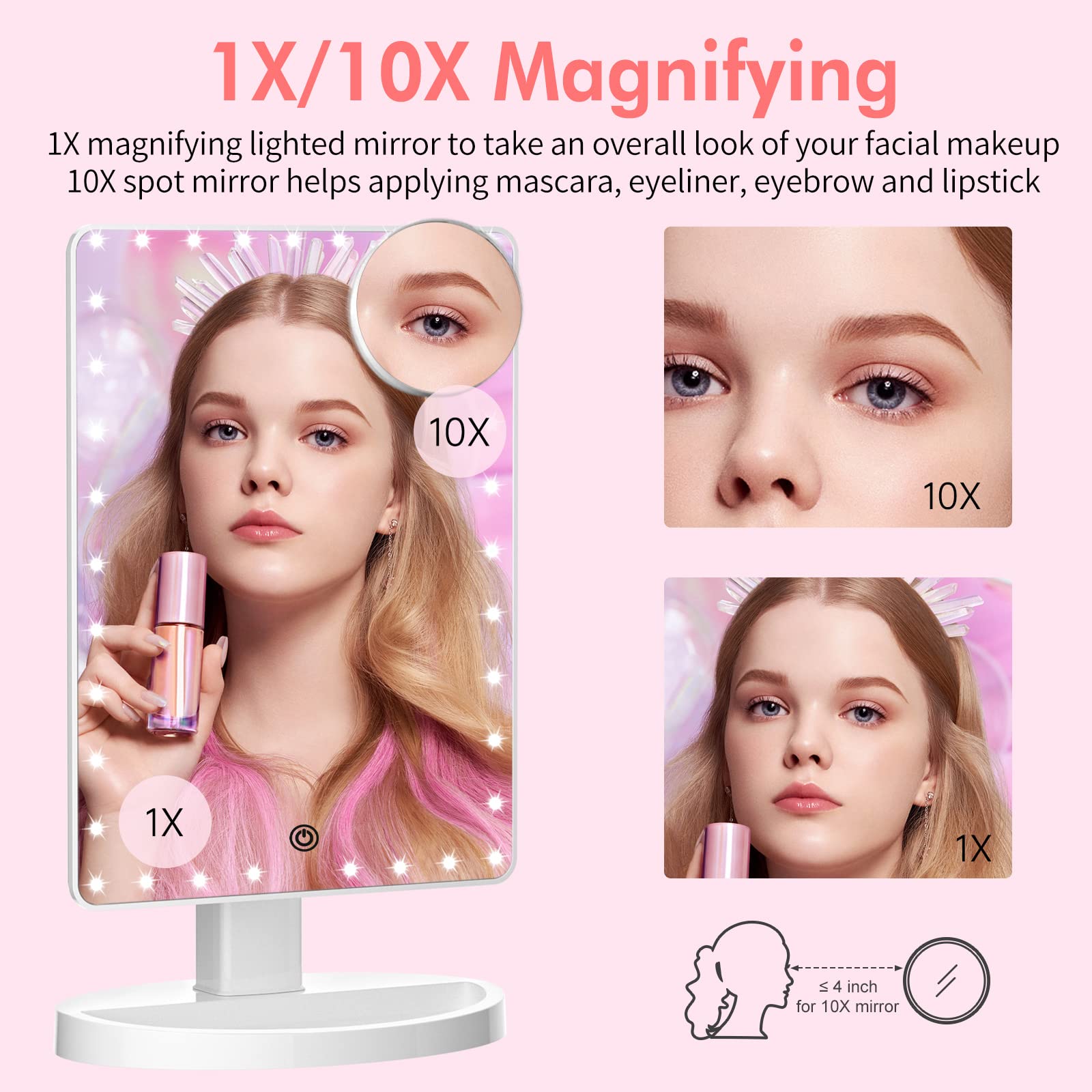 Large Lighted Makeup Mirror (X-Large), Makeup Vanity Mirror with 35 LED Lights and 10X Magnification, Touch Sensor Dimming, Dual Power Supply, 360° Rotation Tabletop Personal Beauty Light Up Mirror