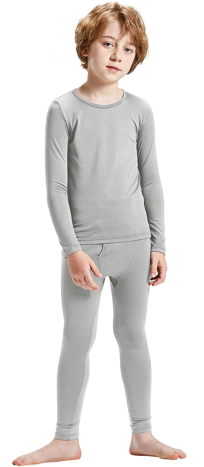 MRIGNT Thermal Underwear for Boys, Thermal Long Johns Set with Shirt & Pants, Fleece Lined Base Layer/Leggings/Bottoms Ski/Cooler Weather Light Grey