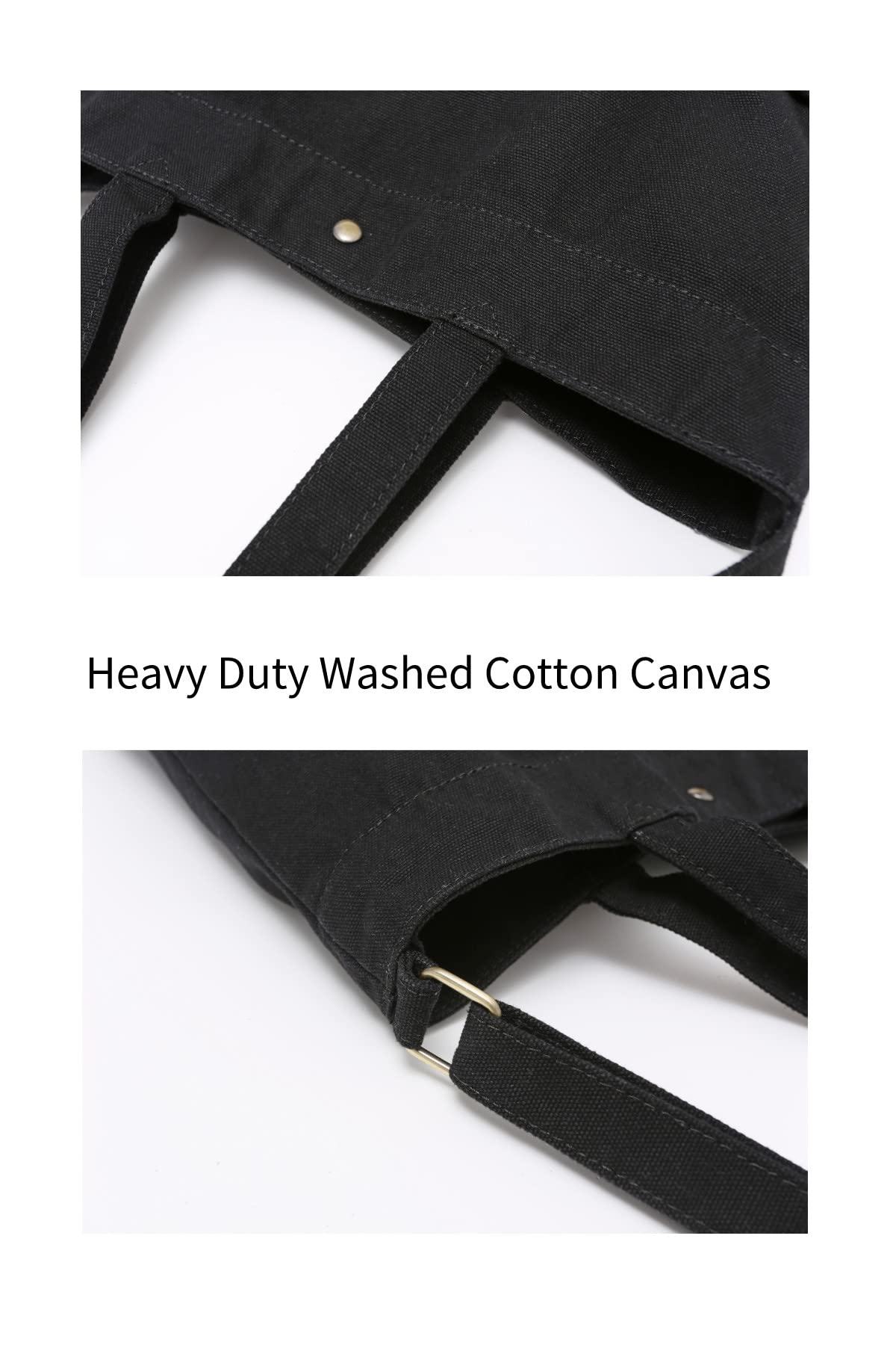 Jeelow 16oz Heavy Duty Canvas Tote Bag Crossbody Shoulder Handbag for Men & Women Washed Cotton Adjustable Strap Multiple Pockets (Black 2 Way)