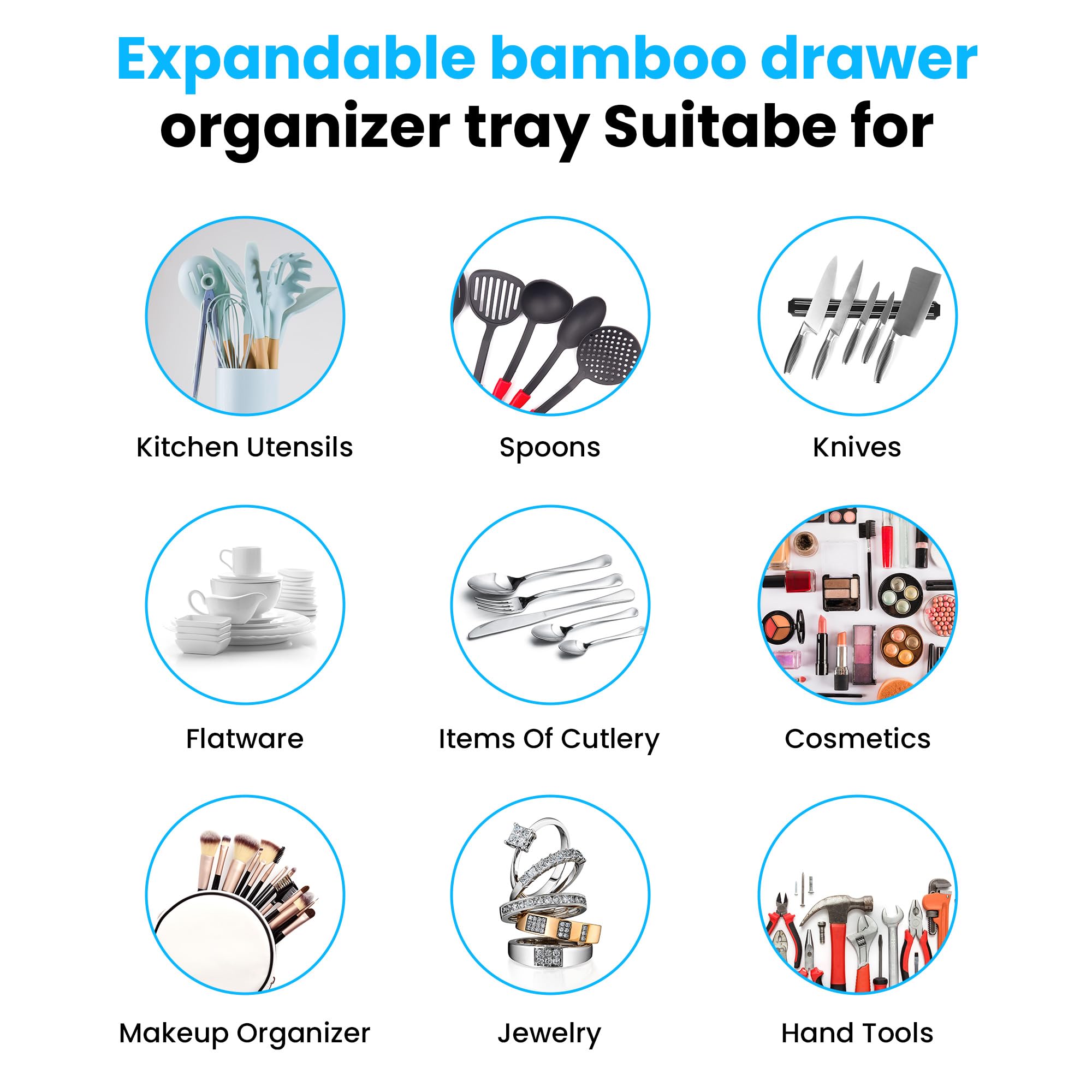 LifeReorganized Organize Your Kitchen, Makeup & Jewelry w/Expandable Bamboo Drawer Organizer Tray-Silicone Feet, Cutlery Flatware & Silverware Knife Fork Spoon Cosmetics-Keep Countertop Organized!