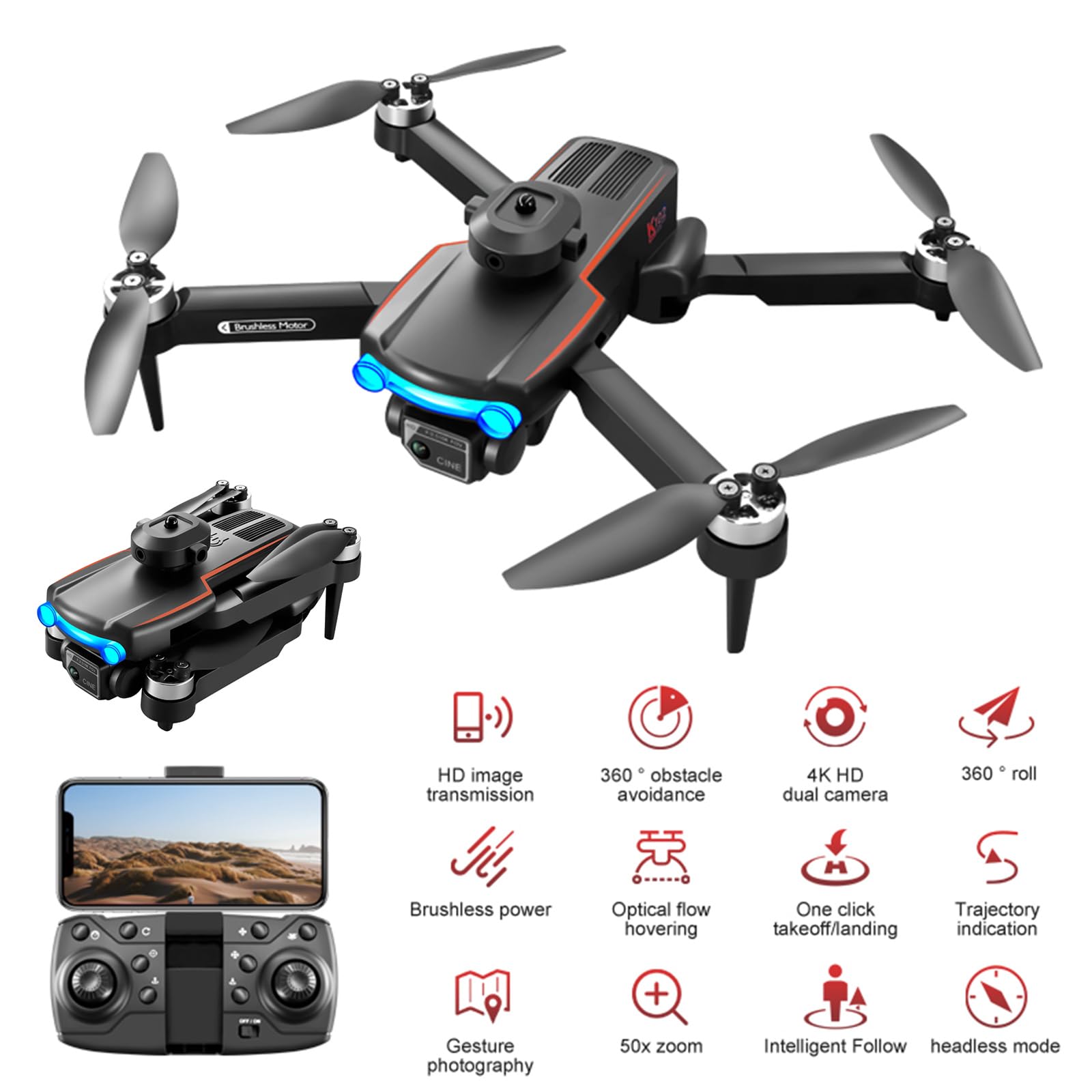 JFFQAA Aerial Photography Drone,Foldable Drone for Adults Beginner,RC Quadcopter with 4K FPV Camera,Altitude Hold, Gravity Sensor,Smart Return Home,Gesture Control,One Key Take Off/Landing(Black)