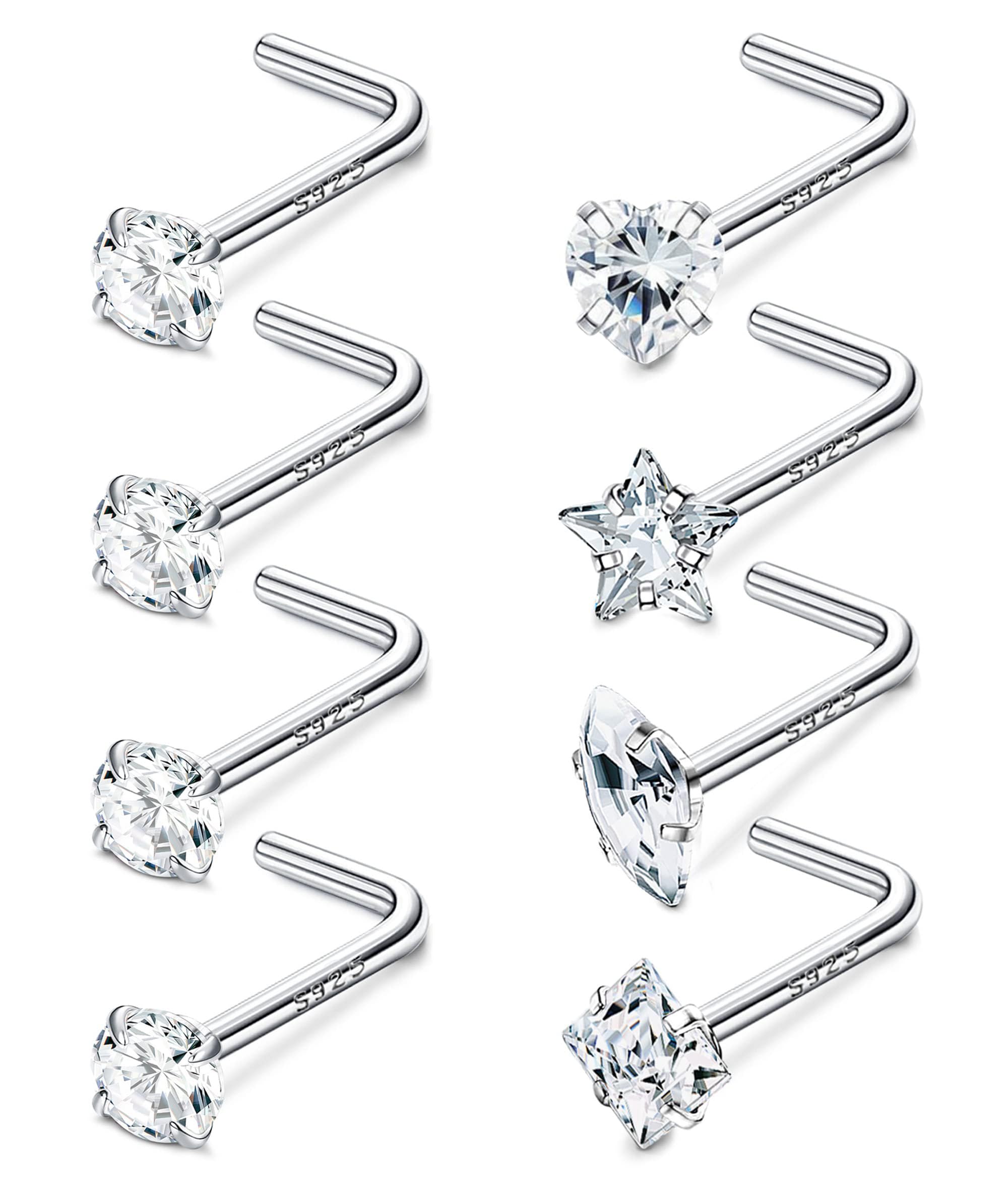 MILACOLATO 8Pcs 20G Sterling Silver Nose Rings Studs for Women Men Star Marquise Heart Square Round Shaped CZ Nose Stud L Shape Nose Ring Body Piercing Jewelry