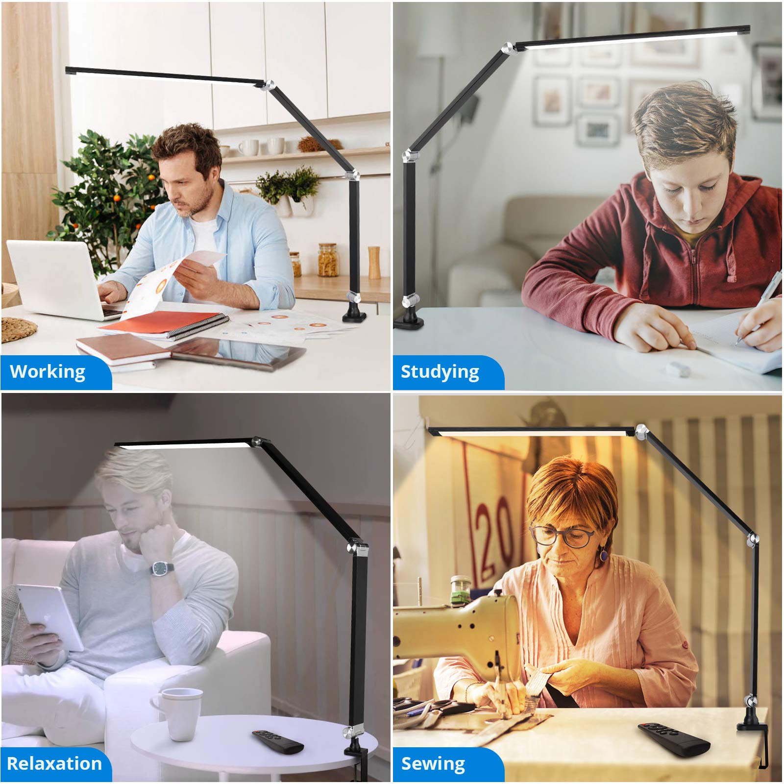 LED Desk Lamp with Clamp, Metal Swing Arm Lamp with Remote, 5 Color Modes & Stepless Dimming Architect Lamp, 10W Eye-Care Task Lamp Timer for Office, Work, Home, Reading, Dorm (Black)