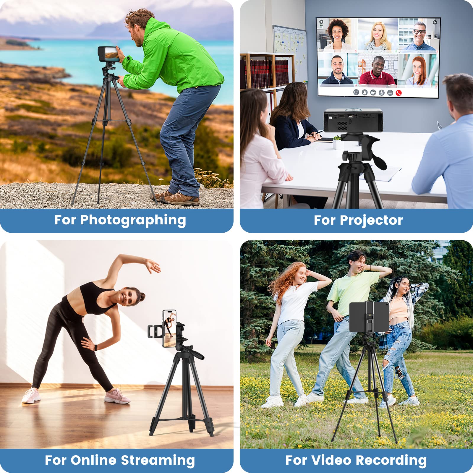 MoKo 60" Camera Tripod for Canon Nikon, Lightweight Aluminum DSLR Camera Stand Holder with Carrying Bag, Universal Phone Tablet Mount and Wireless Remote, Max Load 6.61 lbs, Black