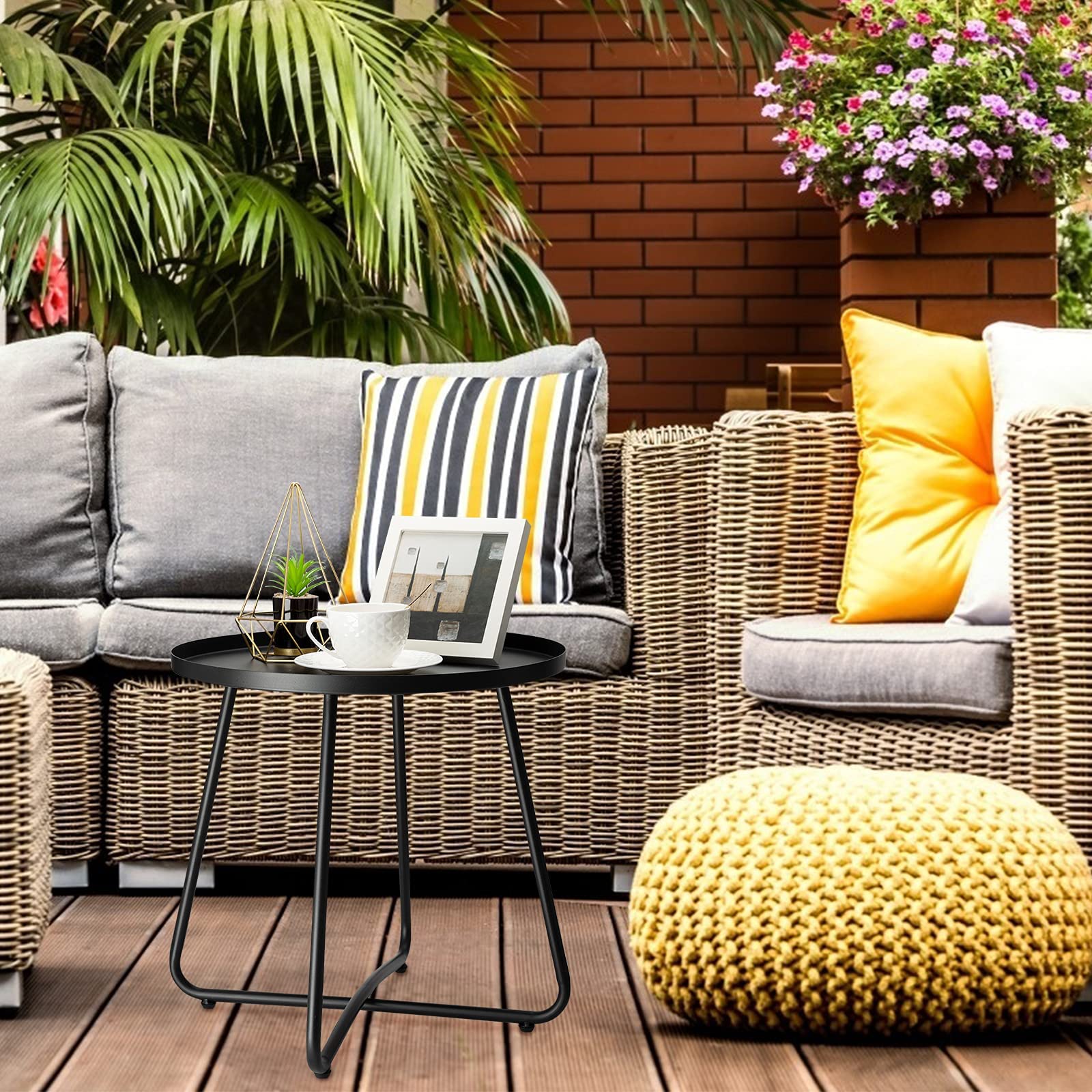 TeoKJ Outdoor Side Tables, Anti-Rust Metal Outdoor End Table, Small Patio Table Round End Table Outdoor Table for Garden Balcony Yard Porch Patio Lawn Black