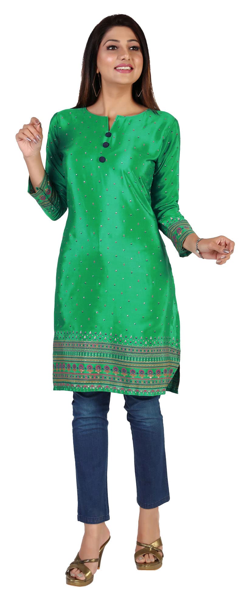 Indian Kurtas for Women Silk Long Kurti Tunic Party Wear Top (Green, 4XL)