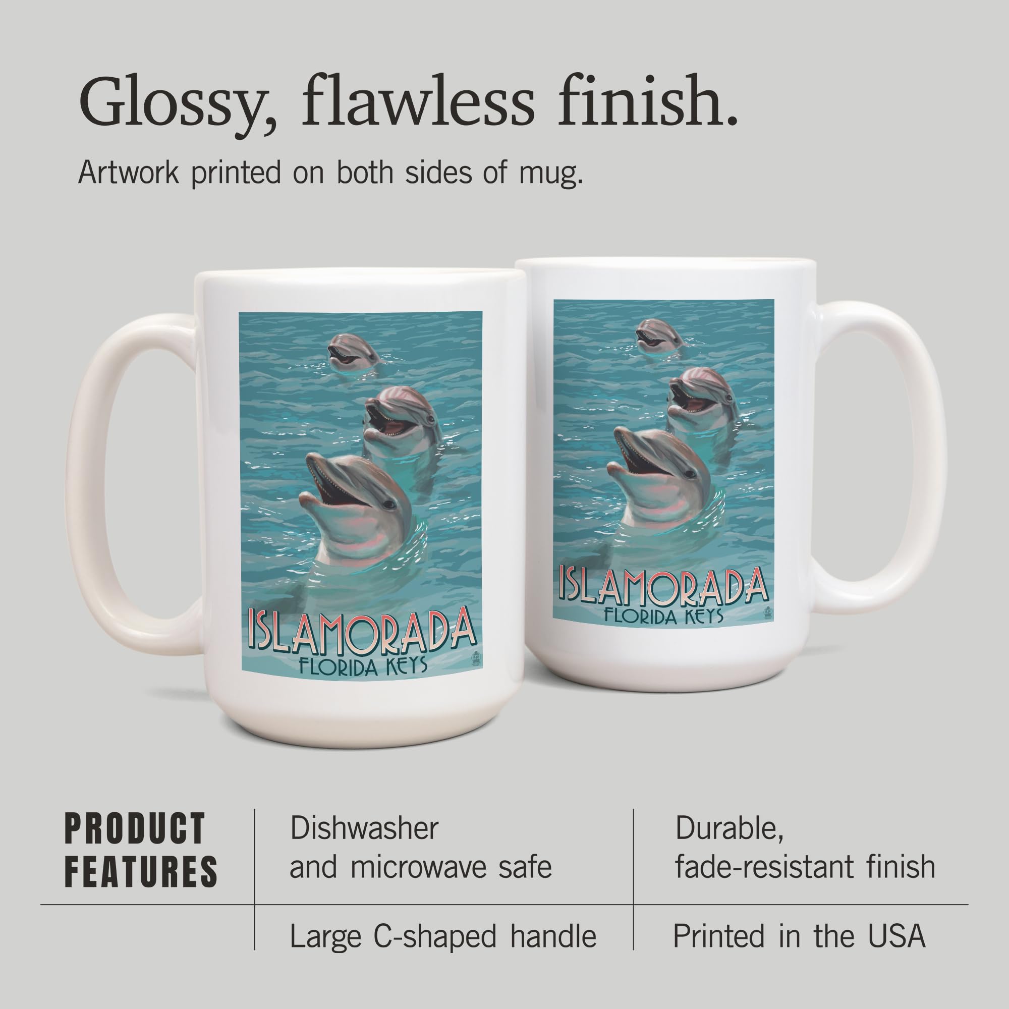 Lantern Press Islamorada, Florida Keys, Dolphins (15oz White Ceramic Coffee and Tea Mug, Dishwasher and Microwave Safe)