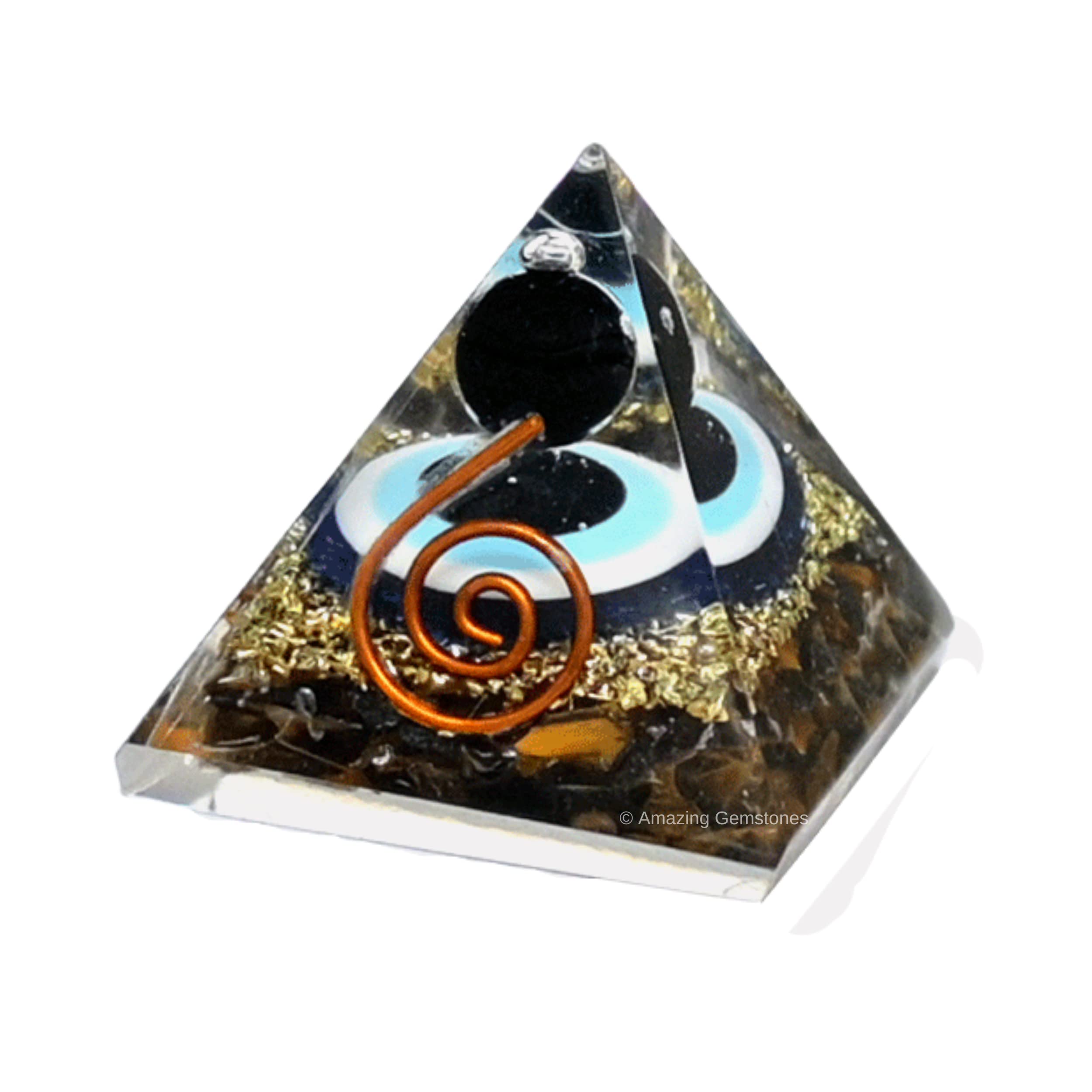 Ultimate Protection Orgone Pyramid with Evil Eye Black Obsidian Sphere - Triple Protection Crystals Tiger Eye Hematite & Black Obsidian (30mm, Small)