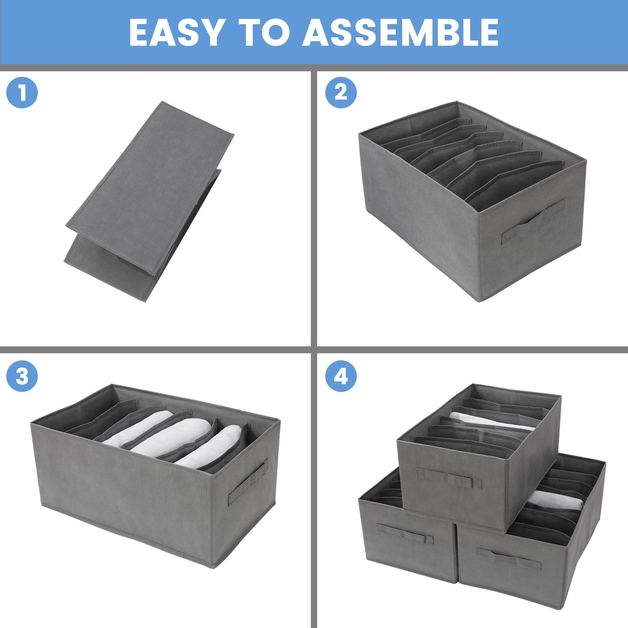 Large Wardrobe Clothes Organizer and Storage Box with Handles, 3 Pcs 22 Grids Stackable Bins for Clothing, Jeans, Pants, Sweater Storage - Stylish Dark Grey Solution for an Organized Closet.