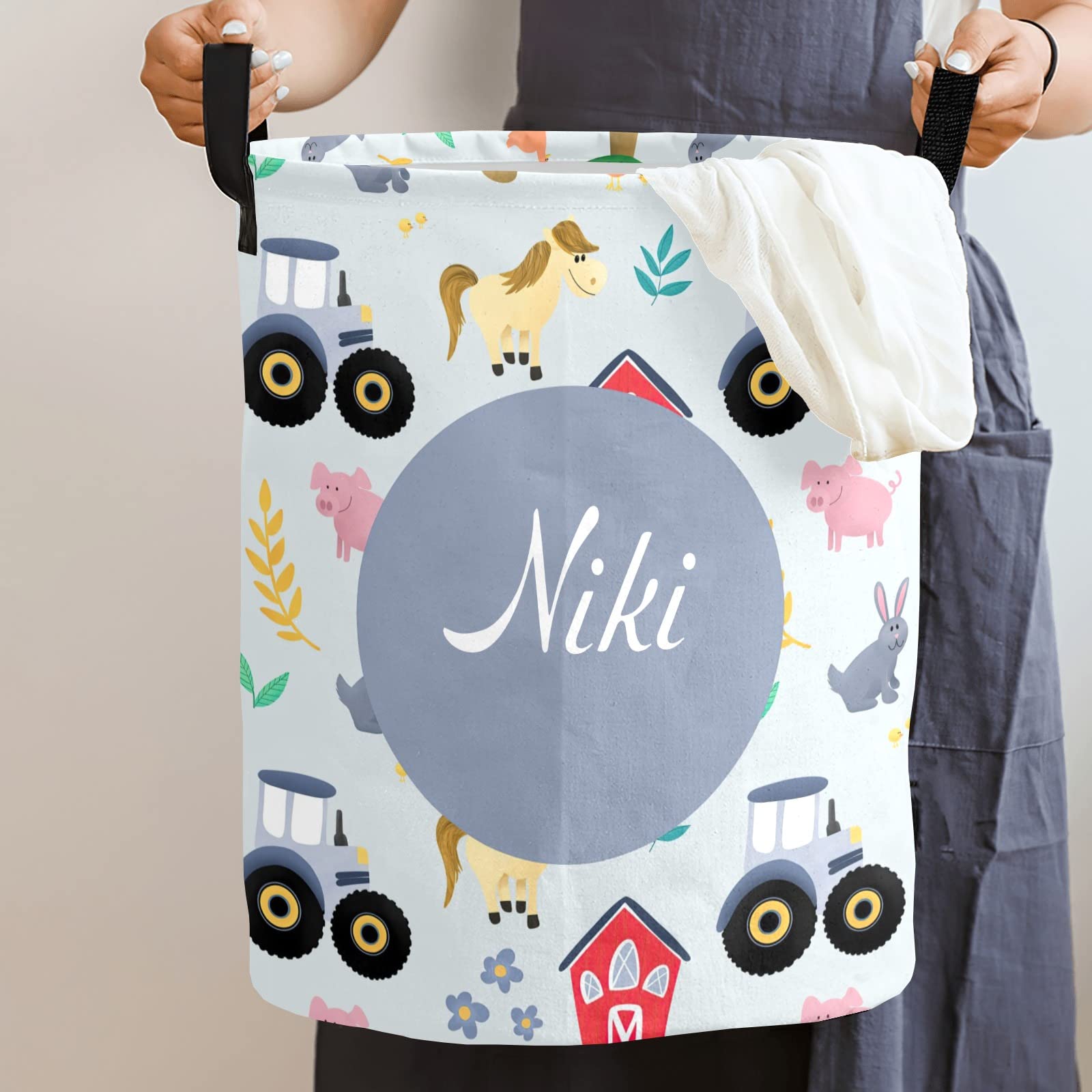 Tractor Pig Pattern Laundry Basket Personalized with Name Laundry Hamper with Handle Clothes Bag Bin for Bedroom Baskets