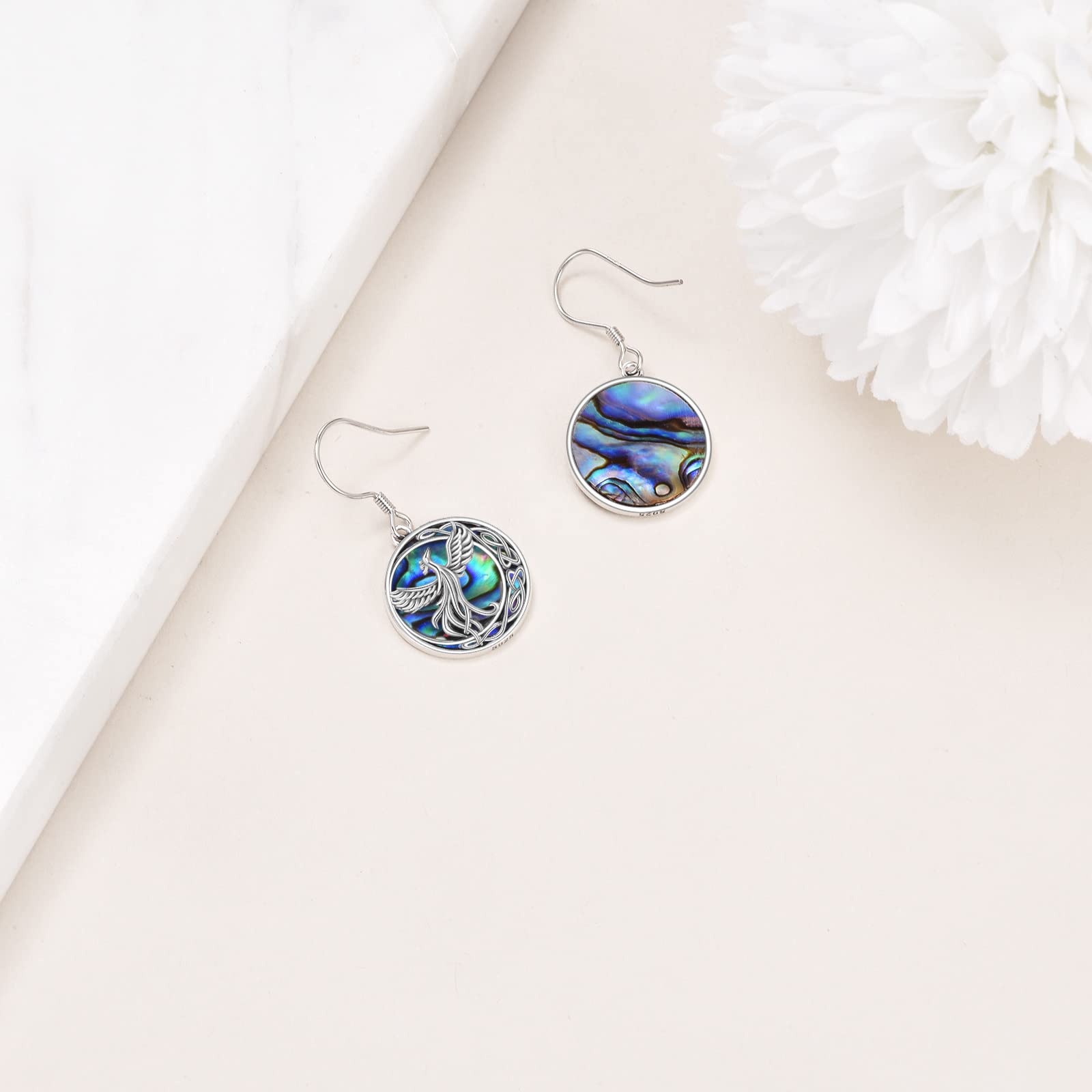 ONEFINITY Phoenix Gifts Sterling Silver Celtic Crescent Phoenix Earrings Abalone Shell Nirvana of Phoenix Jewelry for Women