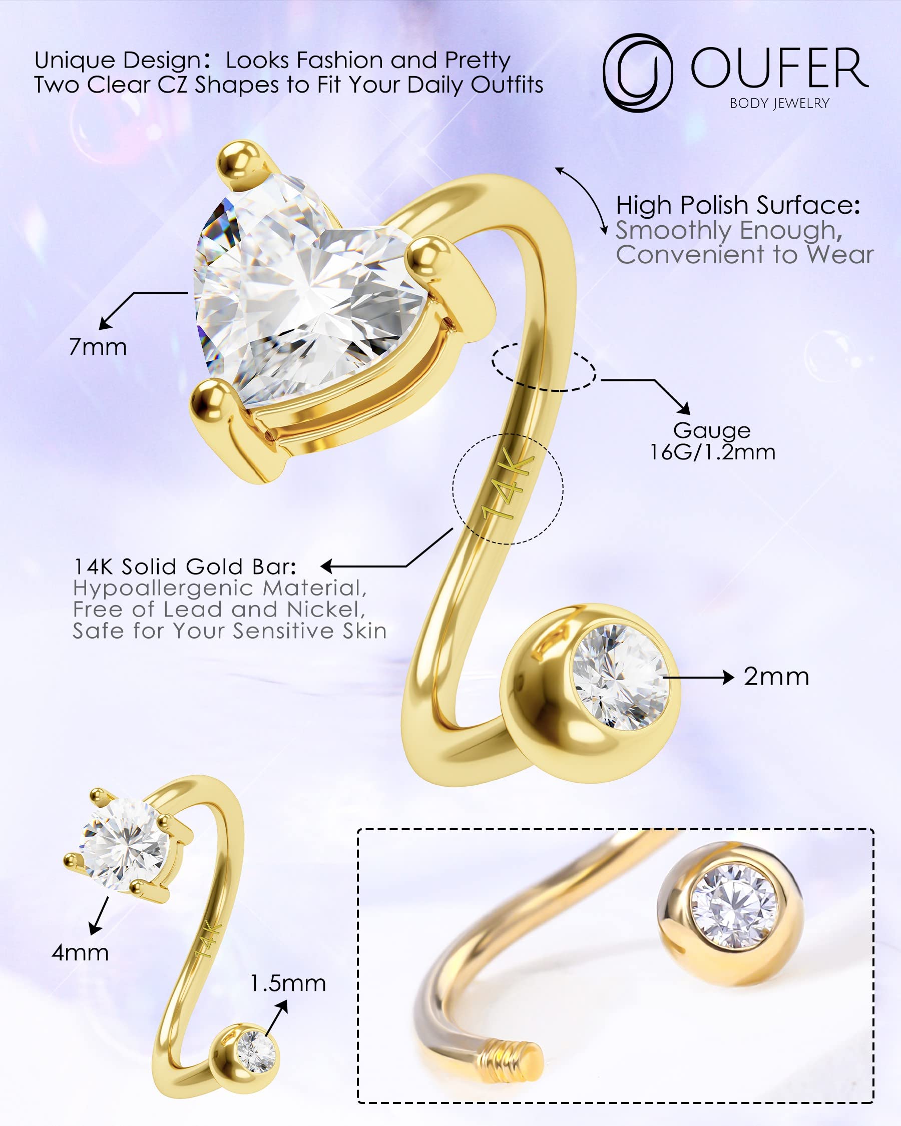 OUFER 16G Twist Helix Earring, 14K Solid Gold Round Shaped Clear CZ Twist Lip Ring, Labret Conch Rook Upper Lobe Piercing Jewelry For Women And Men