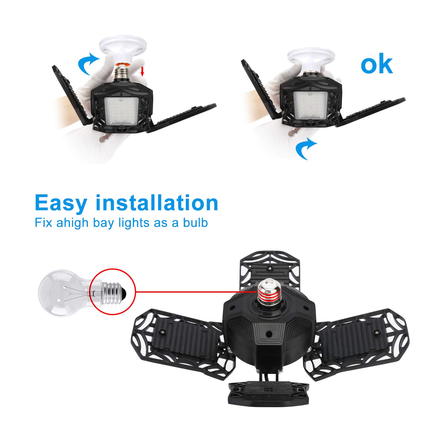 LED Garage Light 120W Super Bright Garage Ceiling Lights with 4 Adjustable Panels, E26 12000lm LED Ceiling Light Deformable Garage Led Light for Garage, Warehouse, Workshop, Basement, Gym